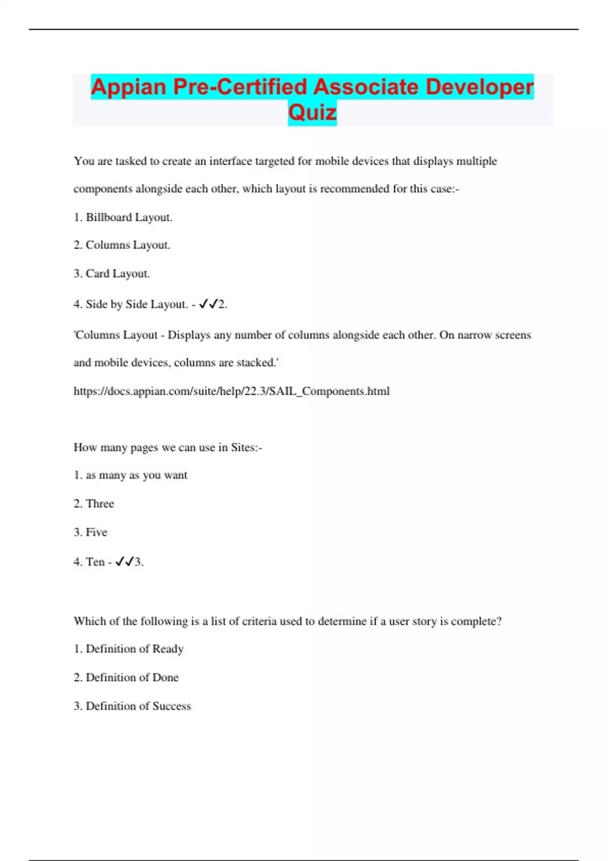 Appian Pre-Certified Associate Developer Quiz | Questions with 100% ...
