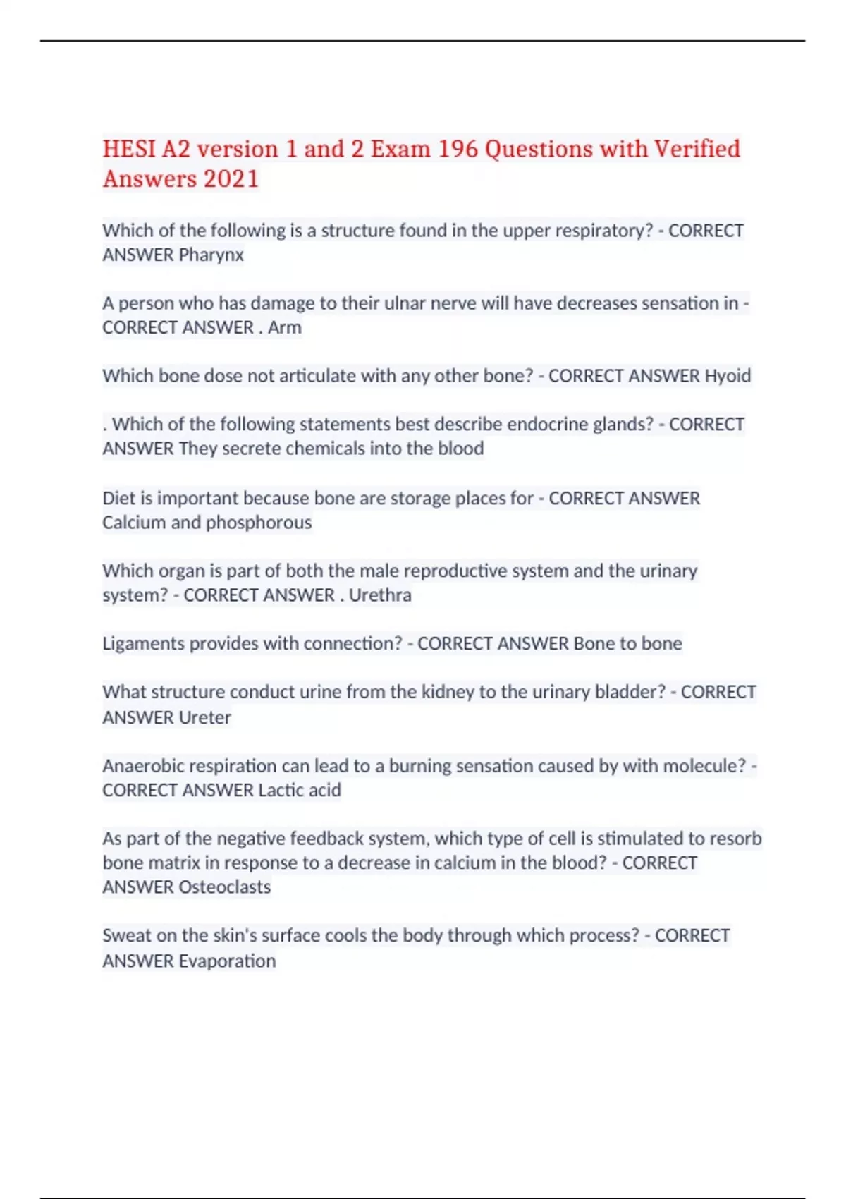 HESI A2 version 1 and 2 Exam 196 Questions with Verified Answers 2021 ...