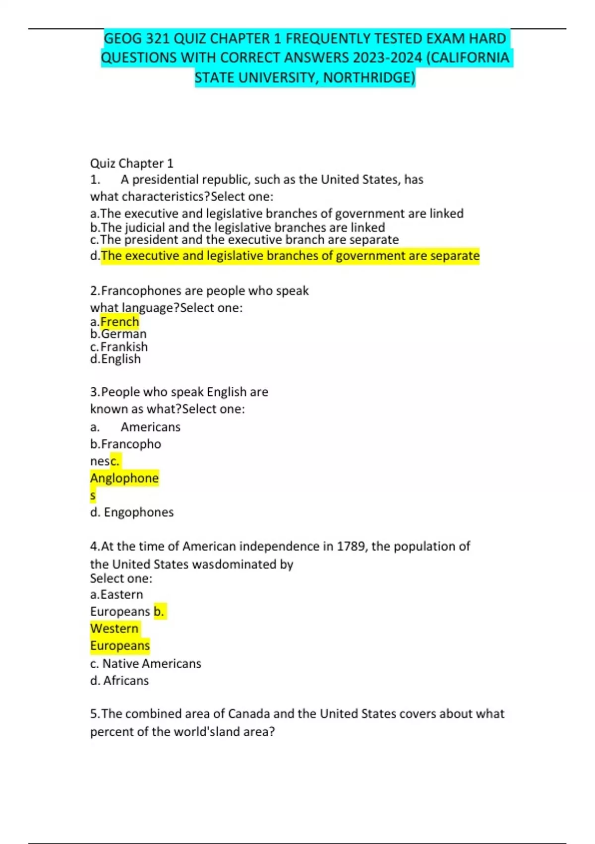 GEOG 321 QUIZ CHAPTER 1 FREQUENTLY TESTED EXAM HARD QUESTIONS WITH ...