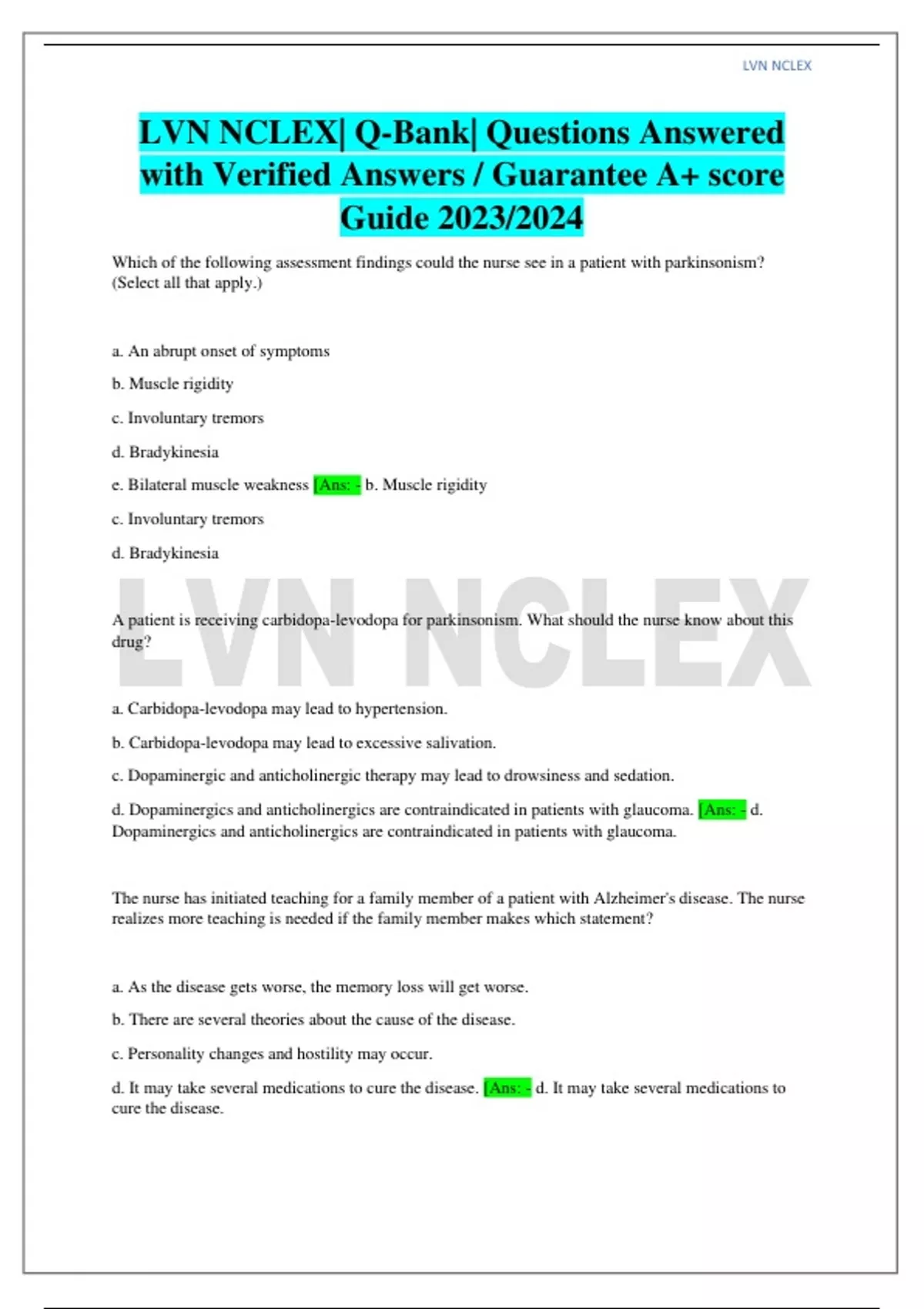 LVN NCLEX| Q-Bank| Questions Answered with Verified Answers / Guarantee ...