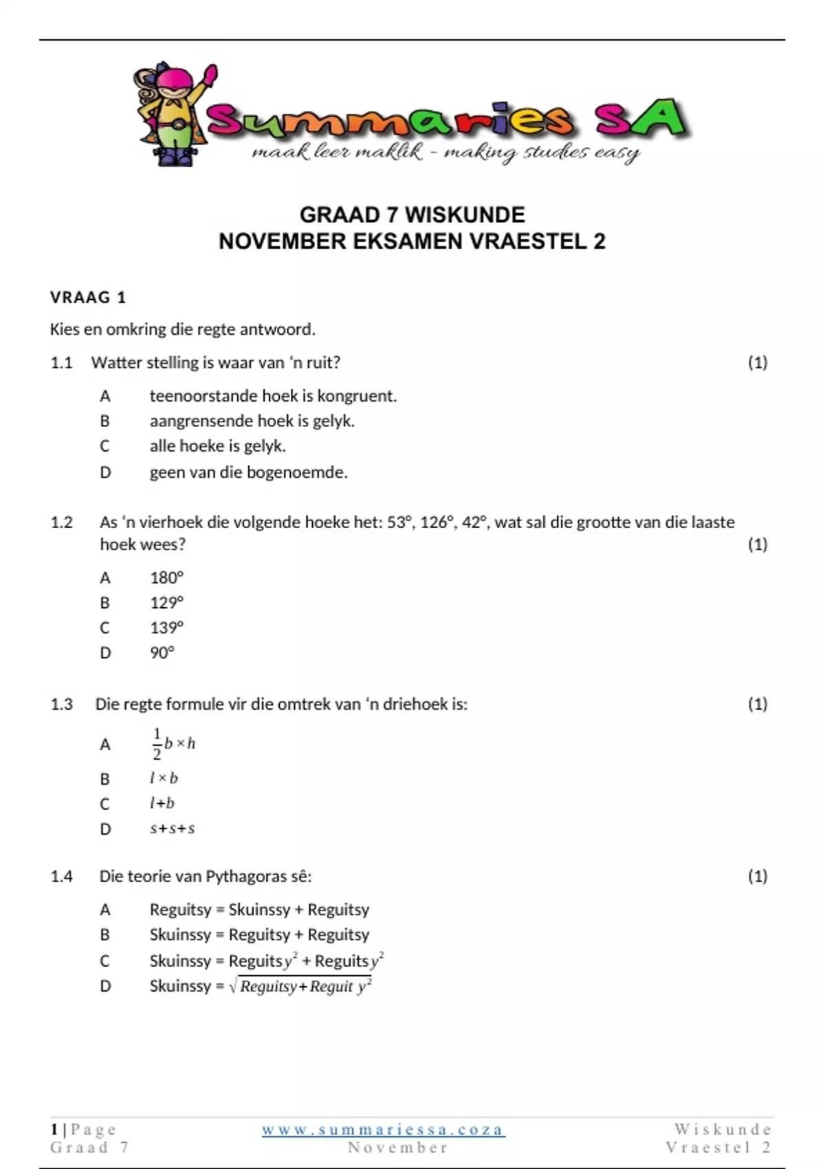 Graad 7 Wiskunde (WISK) November Vraestel 2 en Memo - 2023 ...
