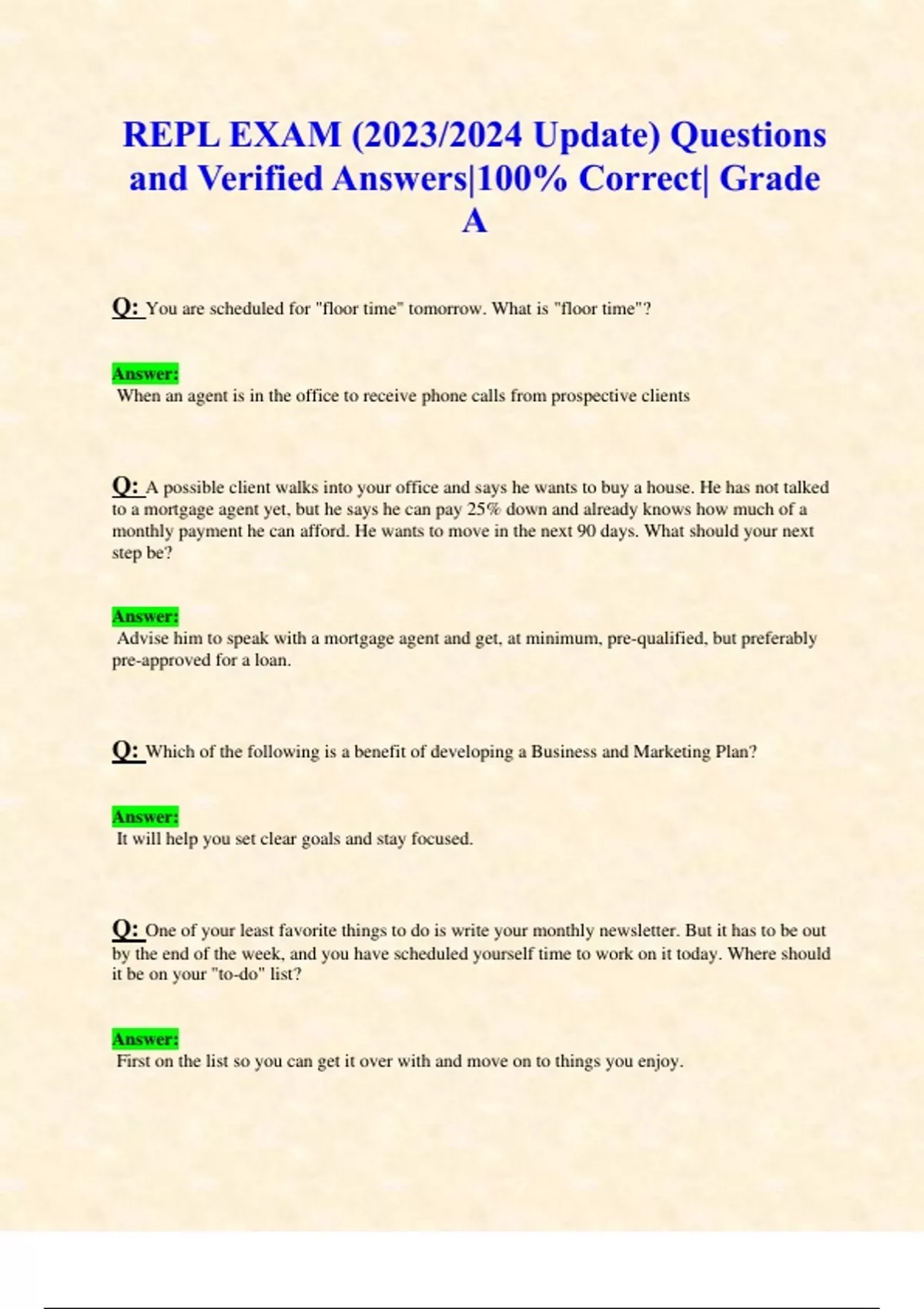 REPL EXAM (2023/2024 Update) Questions and Verified Answers|100% Correct| Grade A - RePL CASA ...