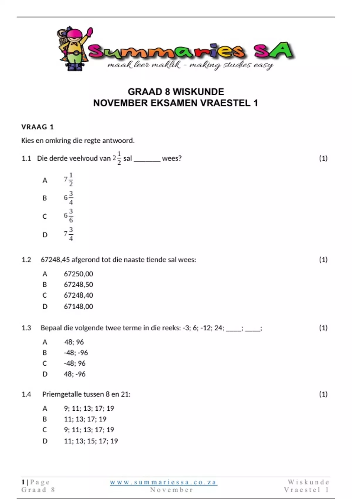 Graad 8 Wiskunde (WISK) November Vraestel 1 en Memo - 2023 ...