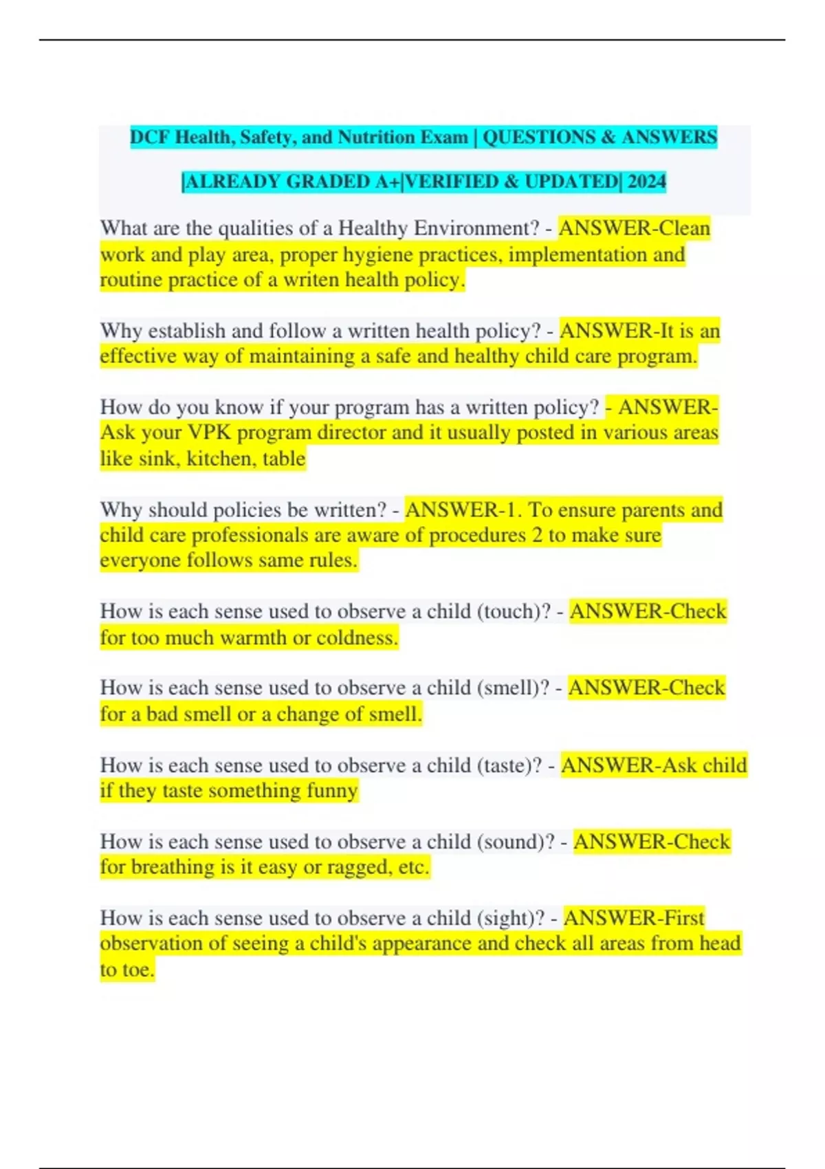 DCF Health, Safety, and Nutrition Exam | QUESTIONS & ANSWERS |ALREADY ...