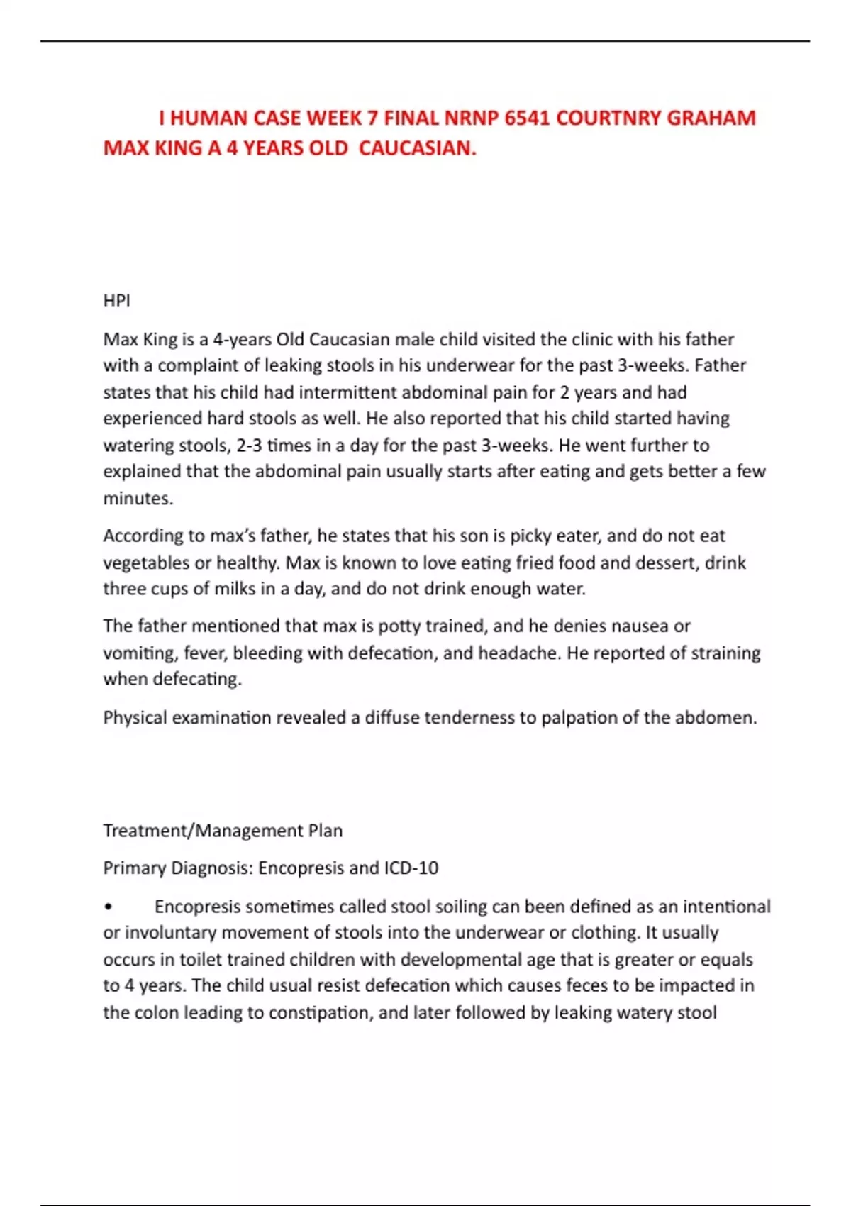 I HUMAN CASE WEEK 7 FINAL NRNP 6541 COURTNRY GRAHAM MAX KING A 4 YEARS ...