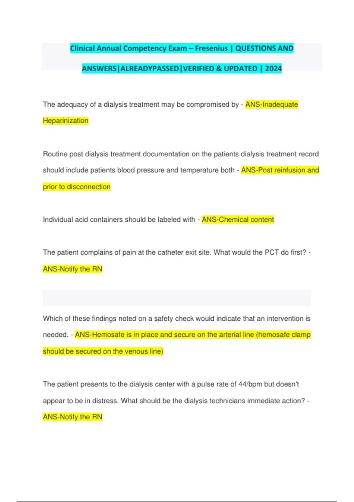 Clinical Annual Competency Exam – Fresenius | QUESTIONS AND ANSWERS ...