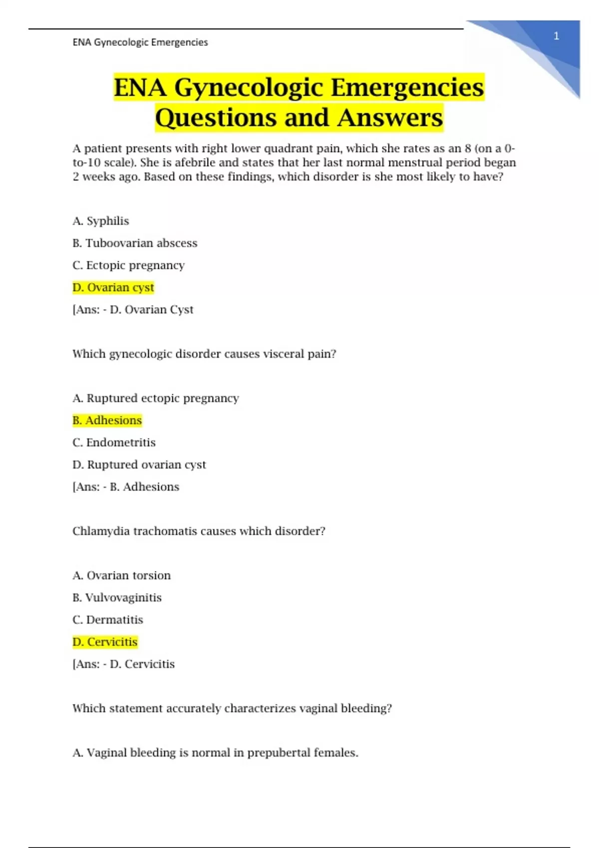 ENA Gynecologic Emergencies Questions and Answers - ENA Gynecologic ...