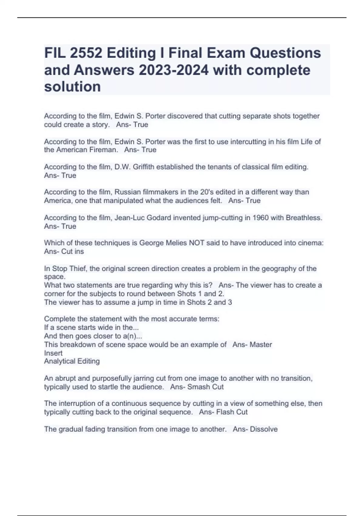 FIL 2552 Editing I Final Exam Questions and Answers with complete ...