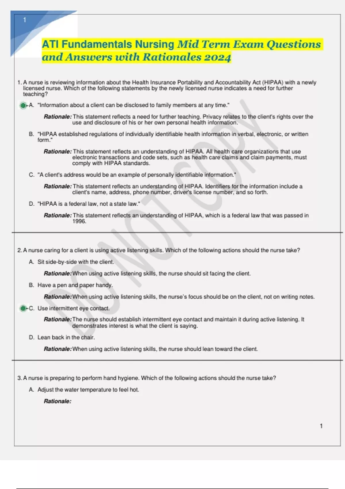 ATI Fundamentals Nursing Mid Term Exam Questions and Answers with ...