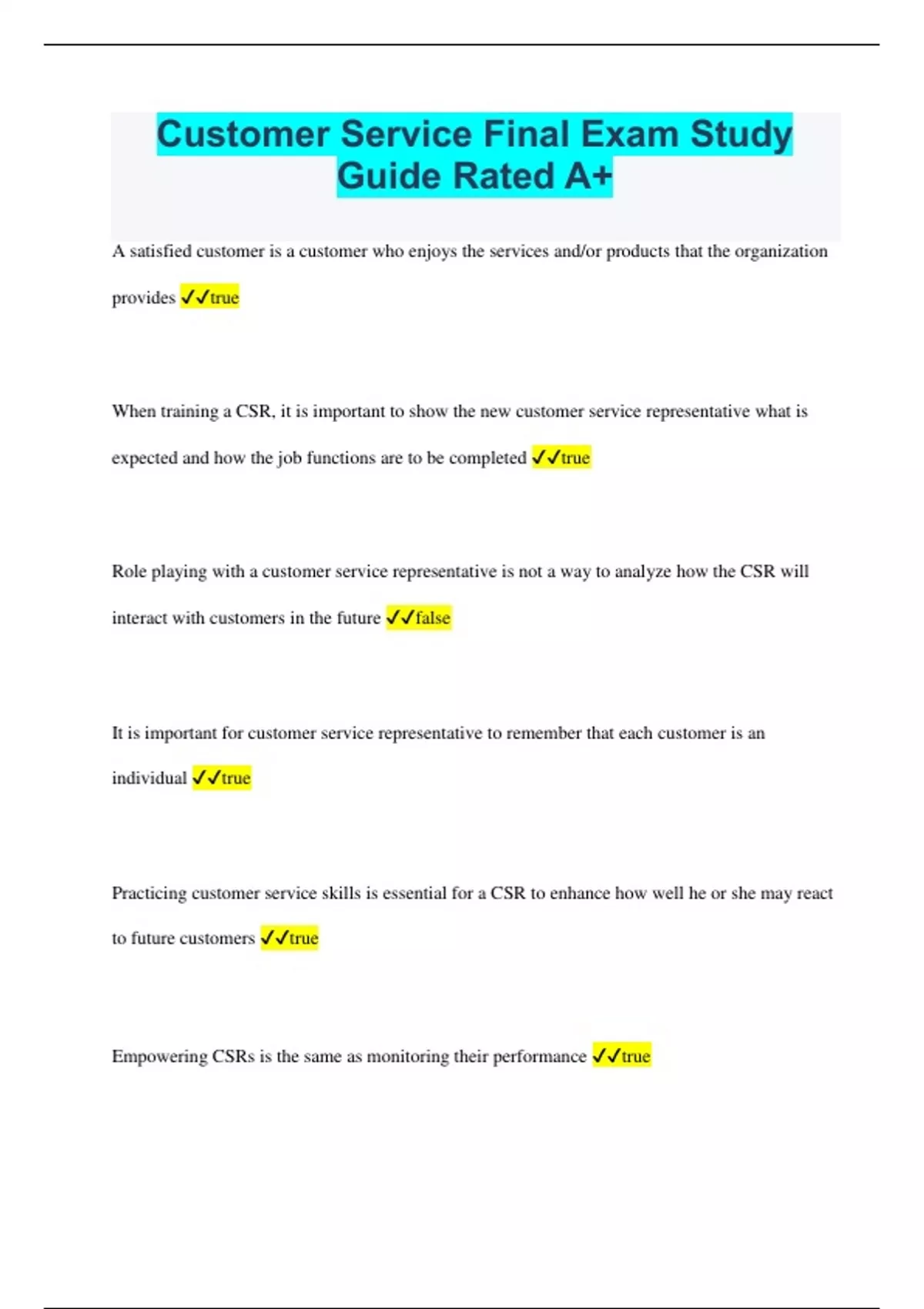 Customer Service Final Exam Study Guide Rated A+ - Customer Service and ...