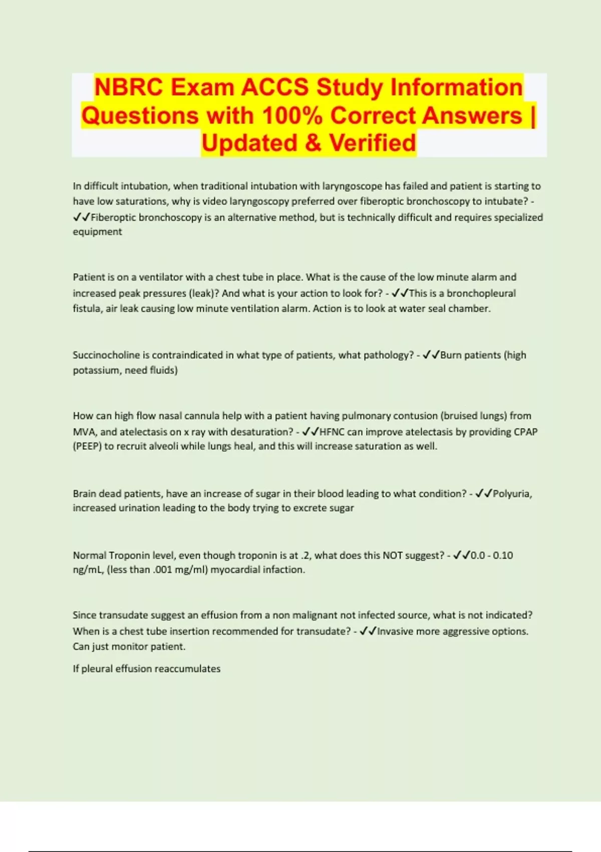 NBRC Exam ACCS Study Information Questions with 100% Correct Answers | Updated & Verified - ACCS ...