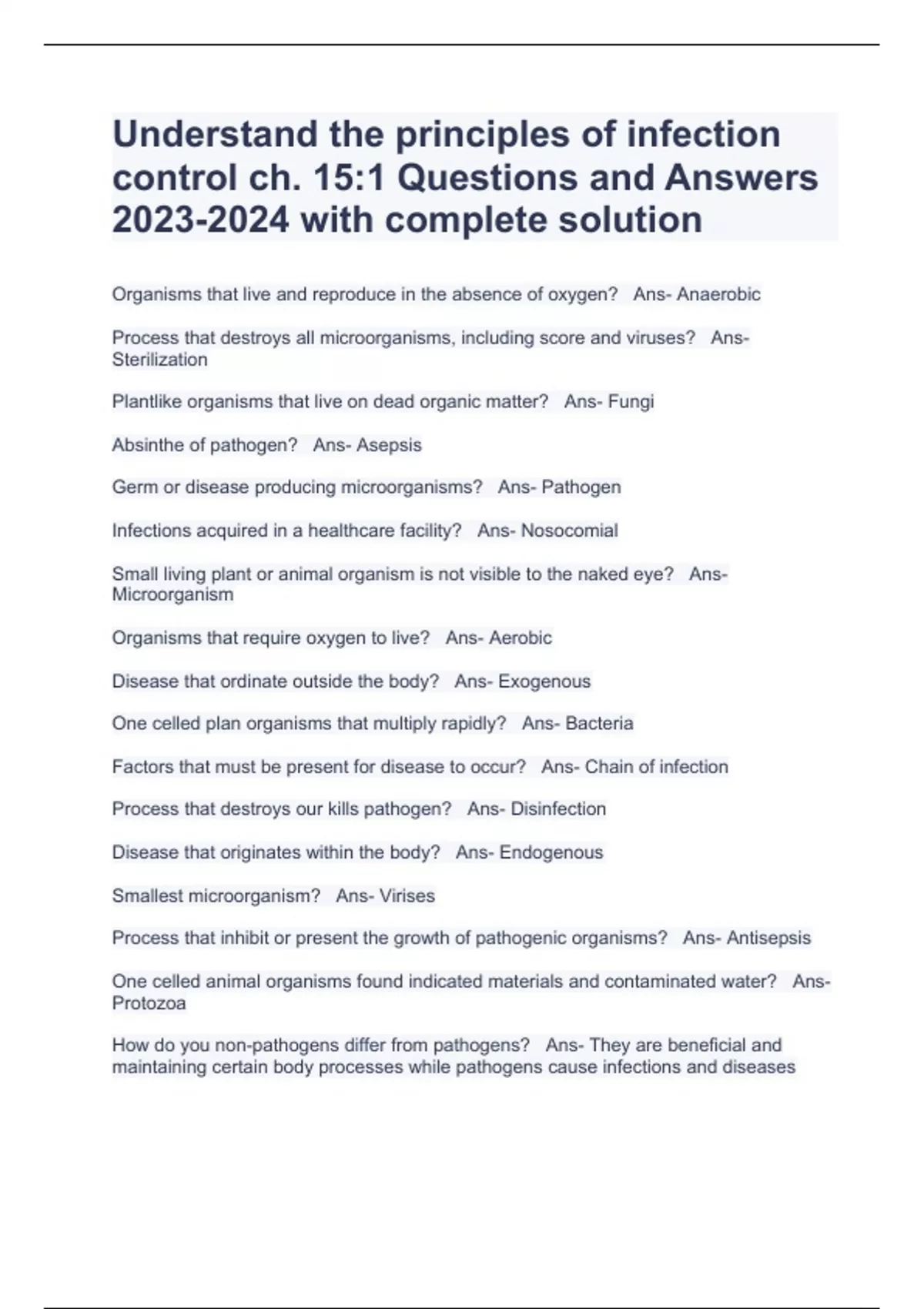 Understand the principles of infection control ch. 15:1 Questions and ...