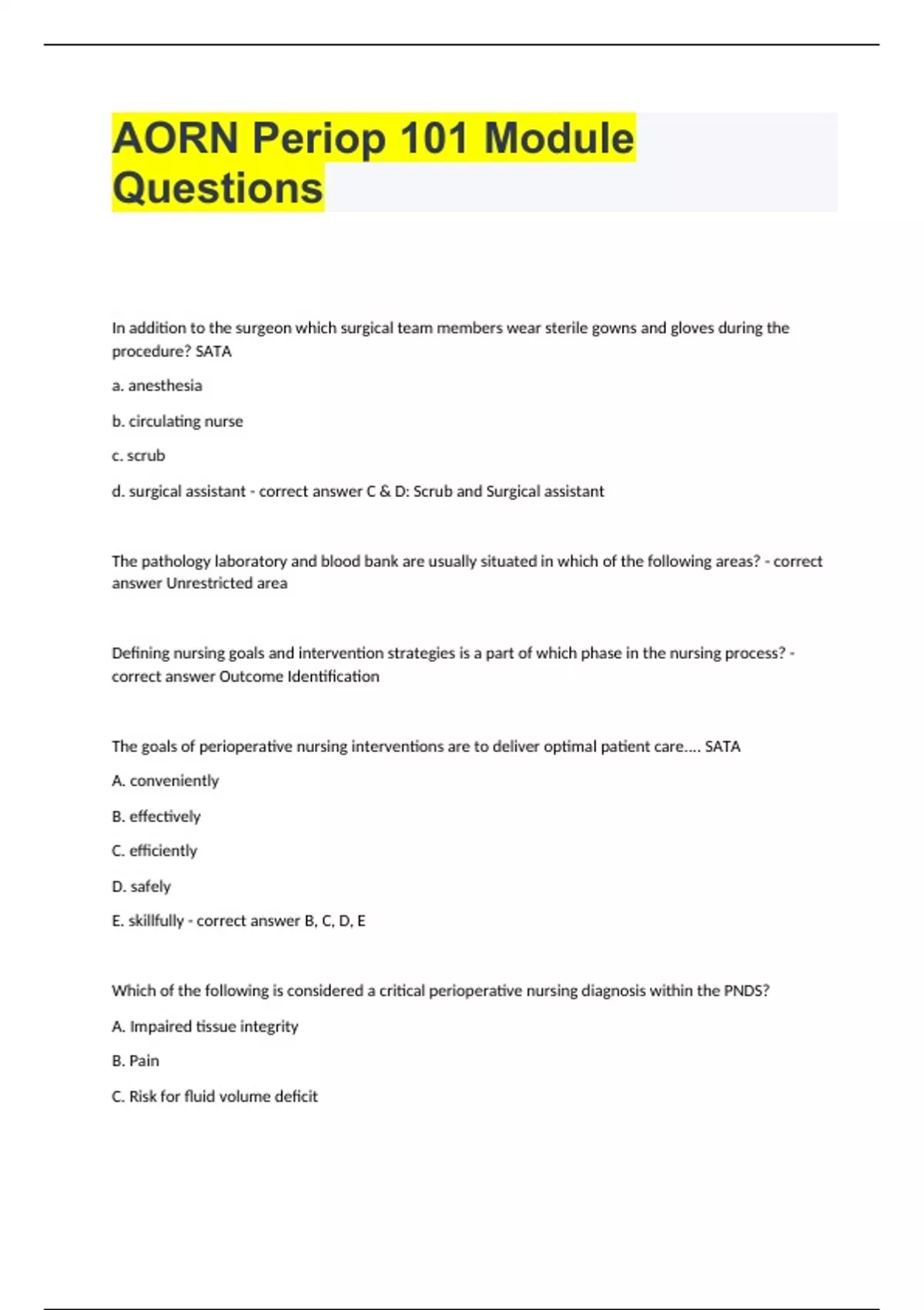 AORN Periop 101 Module Questions - AORN - Stuvia US