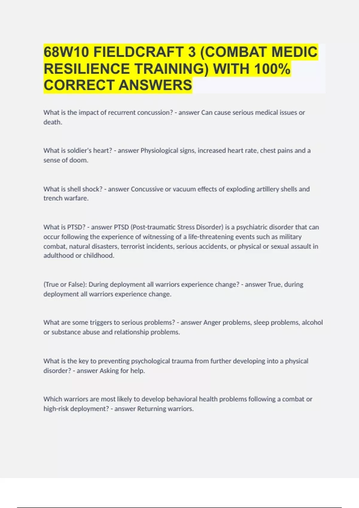 68W10 FIELDCRAFT 3 (COMBAT MEDIC RESILIENCE TRAINING) WITH 100% CORRECT ...