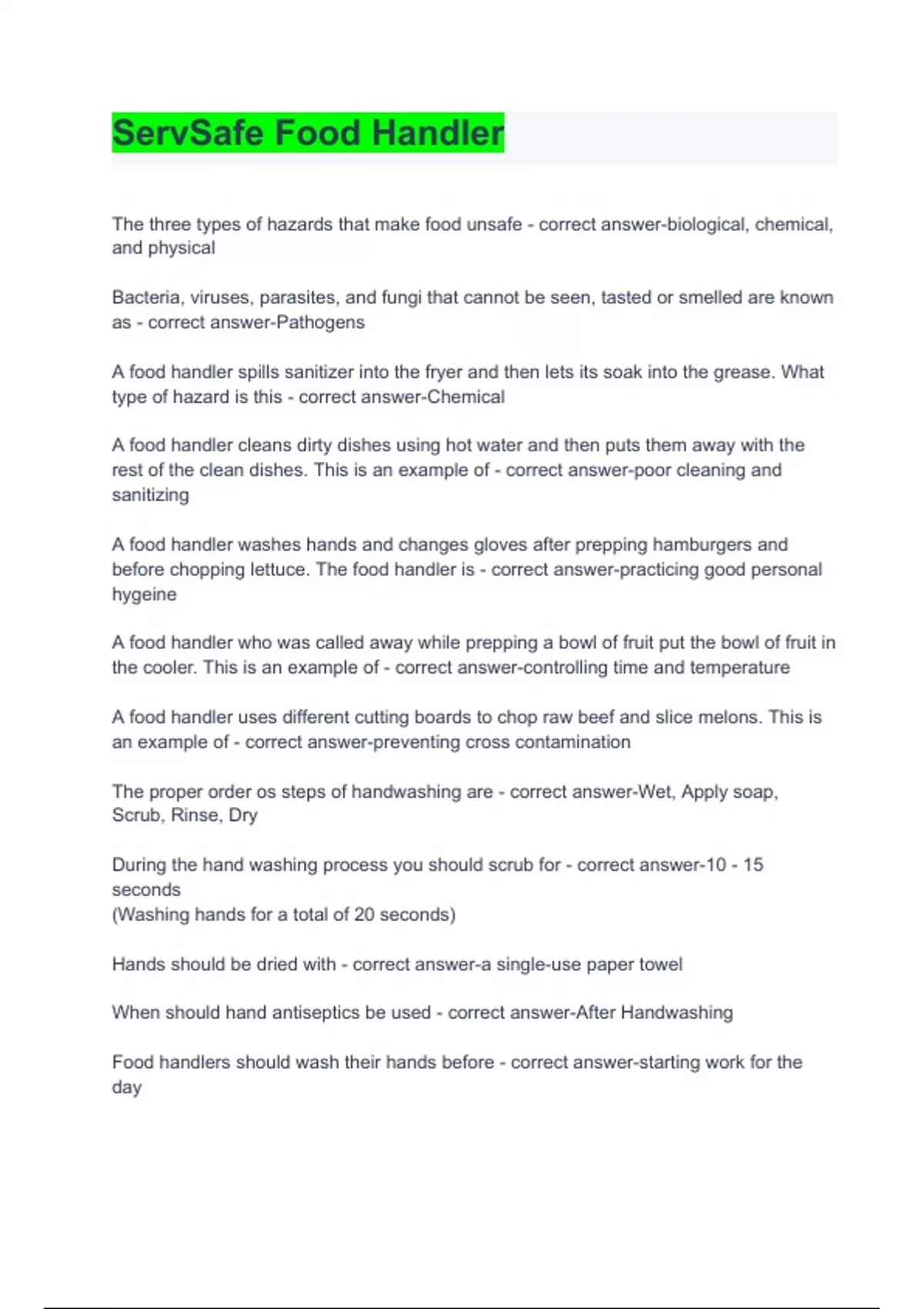 Servsafe Food Handler Guide Test Questions With 100% Correct Answers ...