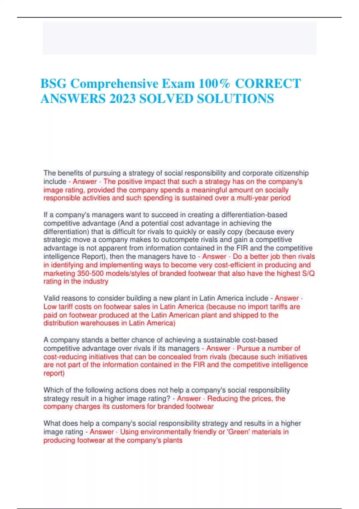 BSG Comprehensive Exam 100% CORRECT ANSWERS 2023 SOLVED SOLUTIONS - BSG ...