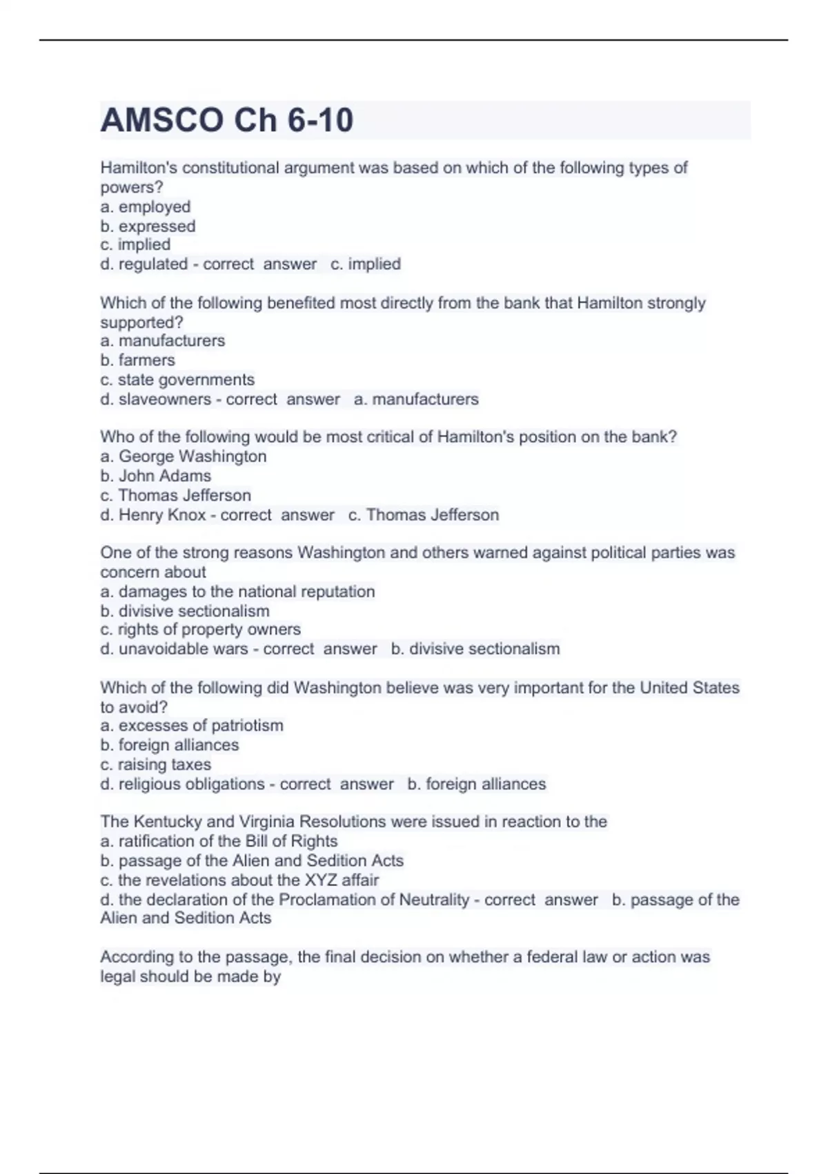 AMSCO Ch 6 questions and answers 100% correct 2023 - AMSCO - Stuvia US