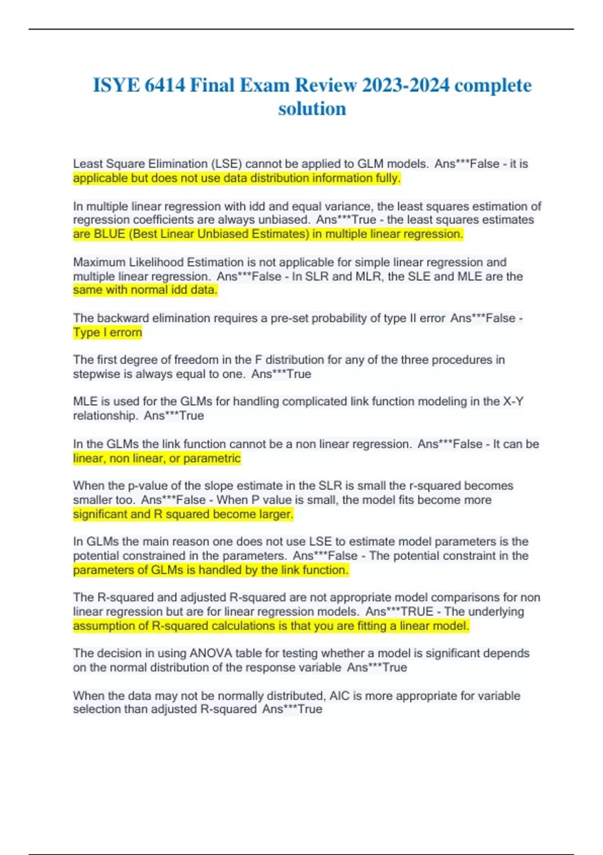 ISYE 6414 Final Exam Review complete solution - ISYE 6414 - - Stuvia US