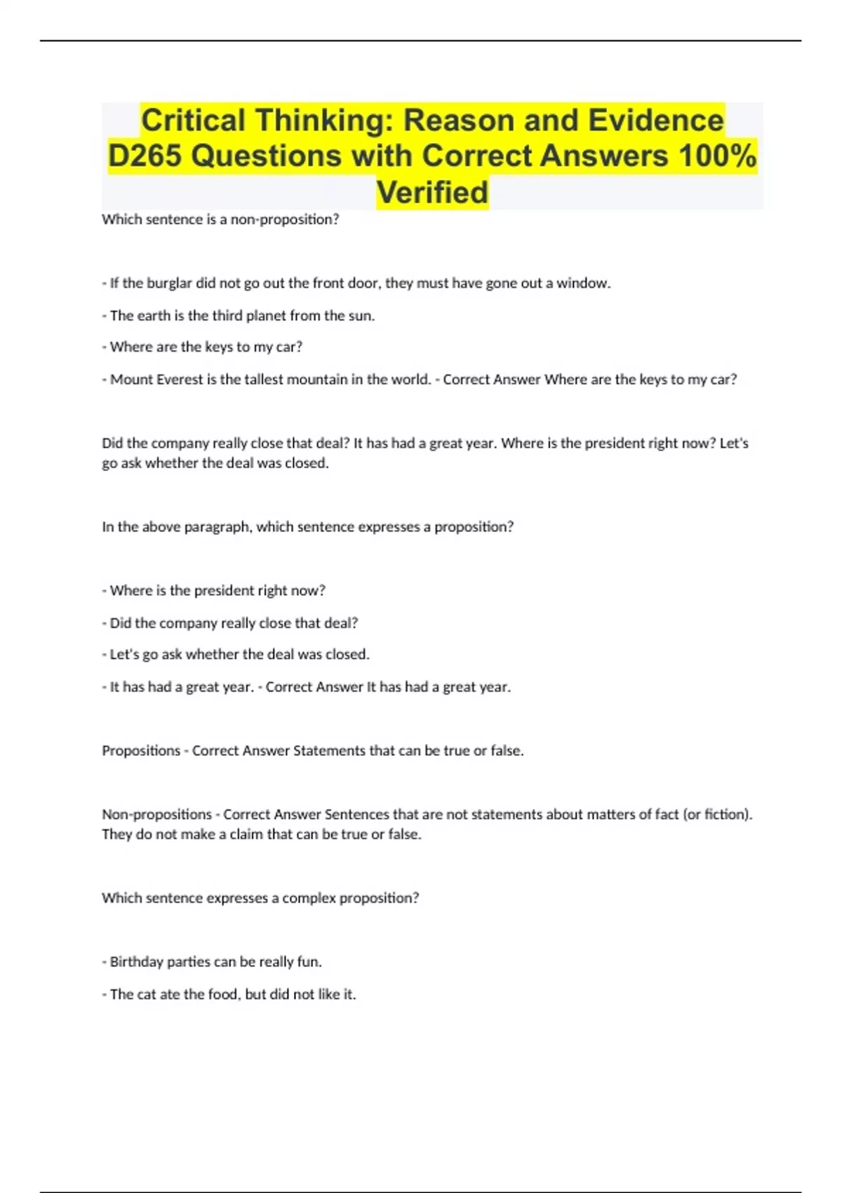 Critical Thinking: Reason and Evidence D265 Questions with Correct ...