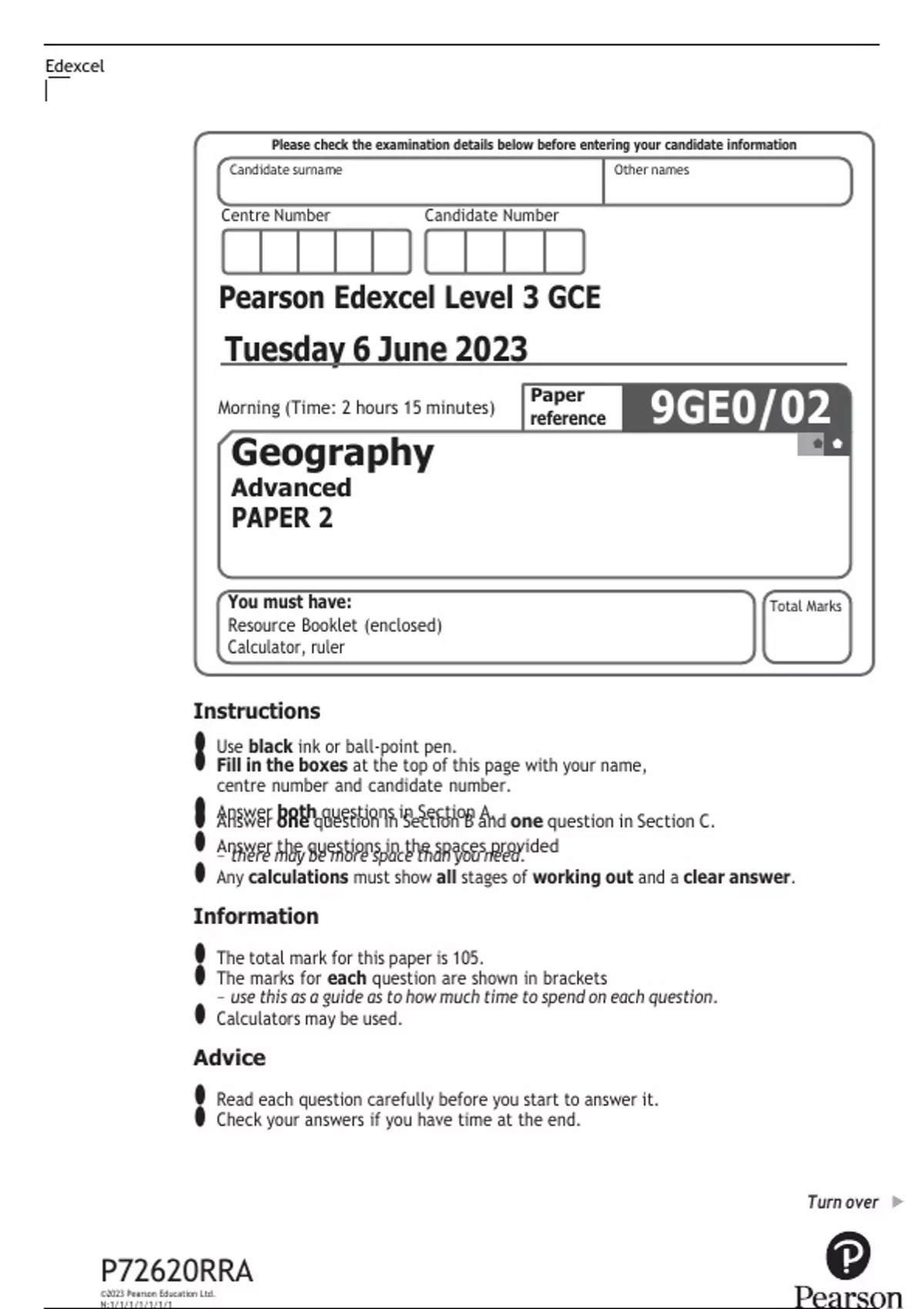Pearson Edexcel Level 3 GCE Geography Advanced PAPER 2 JUNE 2023 ...