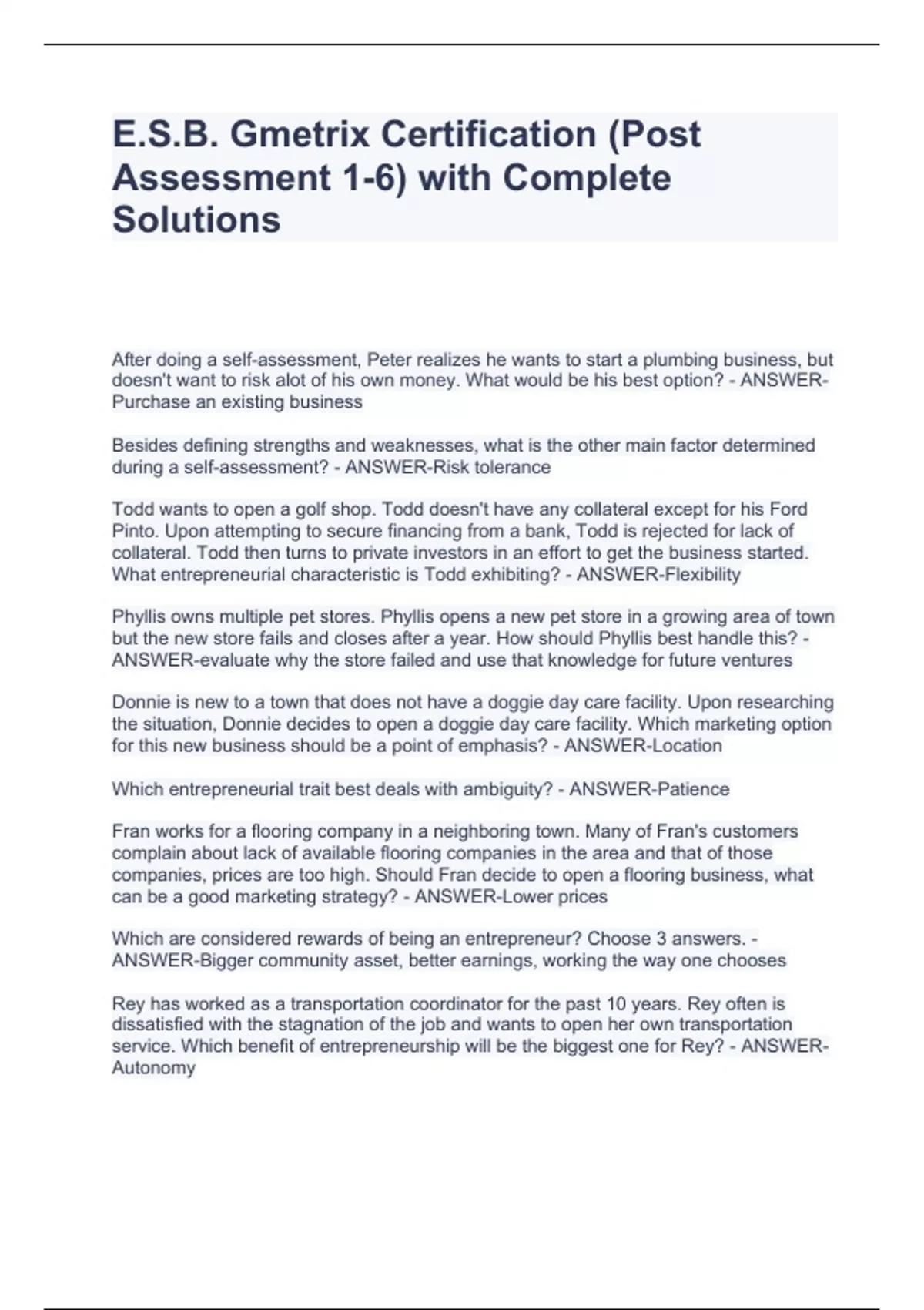 E.S.B. Gmetrix Certification (Post Assessment 1-6) with Complete ...