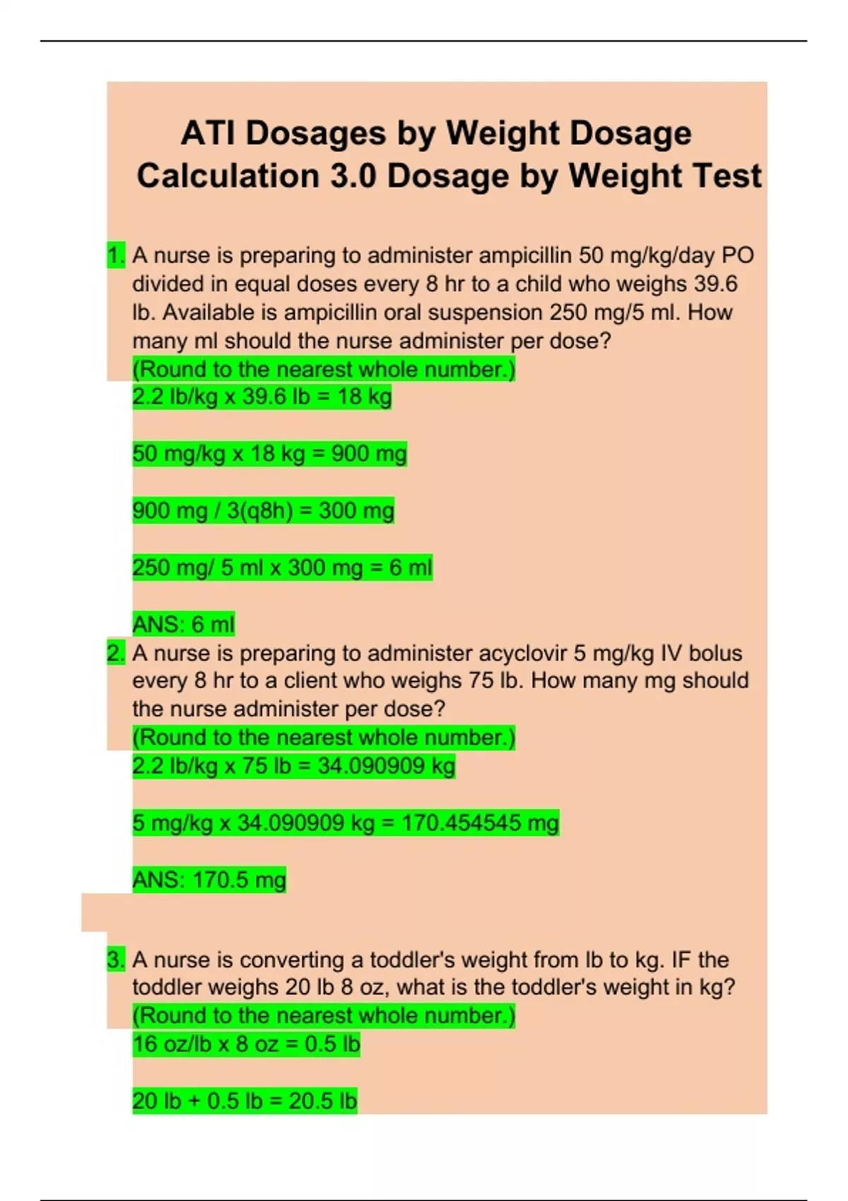 ATI Dosages By Weight Dosage Calculation 3 0 Dosage By Weight Test