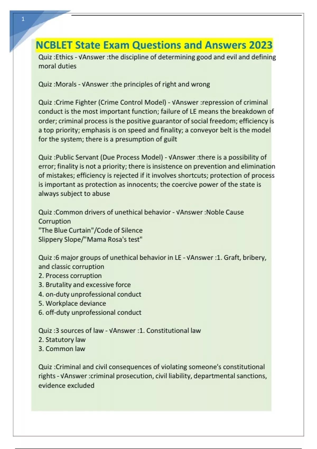 NCBLET State Exam Questions and Answers 2023 - NCBLET State - Stuvia US