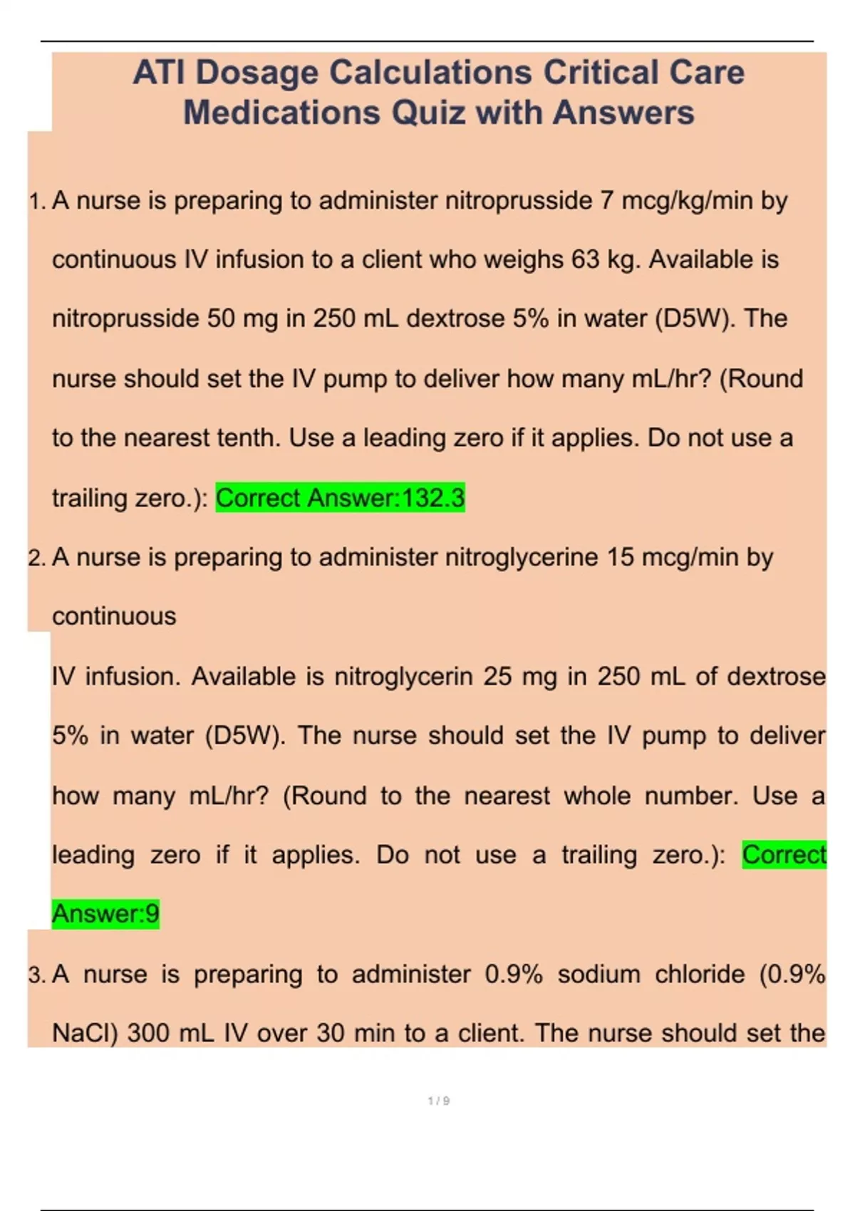ATI Dosage Calculations Critical Care Medications Quiz with Answers ...