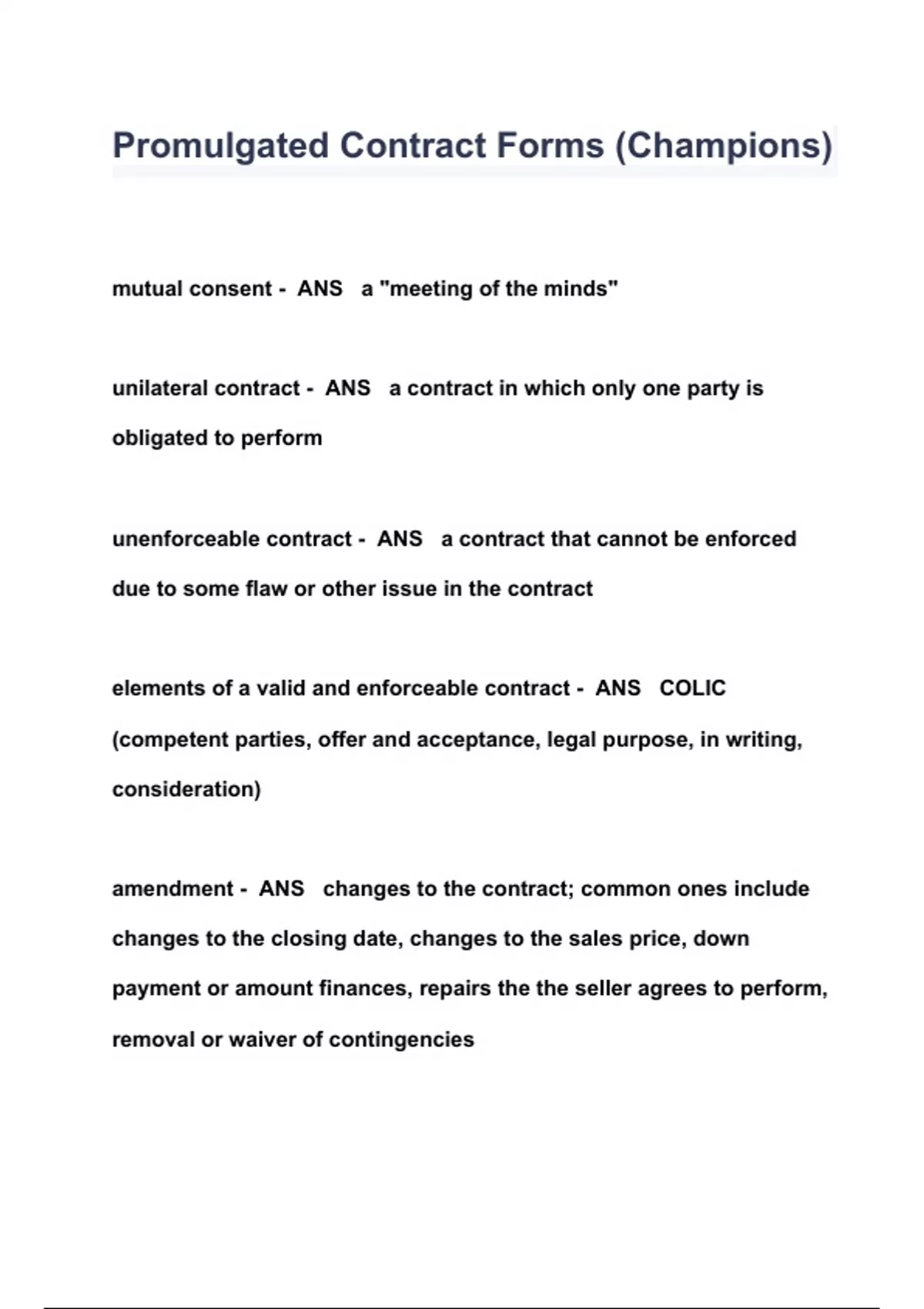 Promulgated Contract Forms (Champions) QUESTIONS & ANSWERS 2023 ( A+ ...
