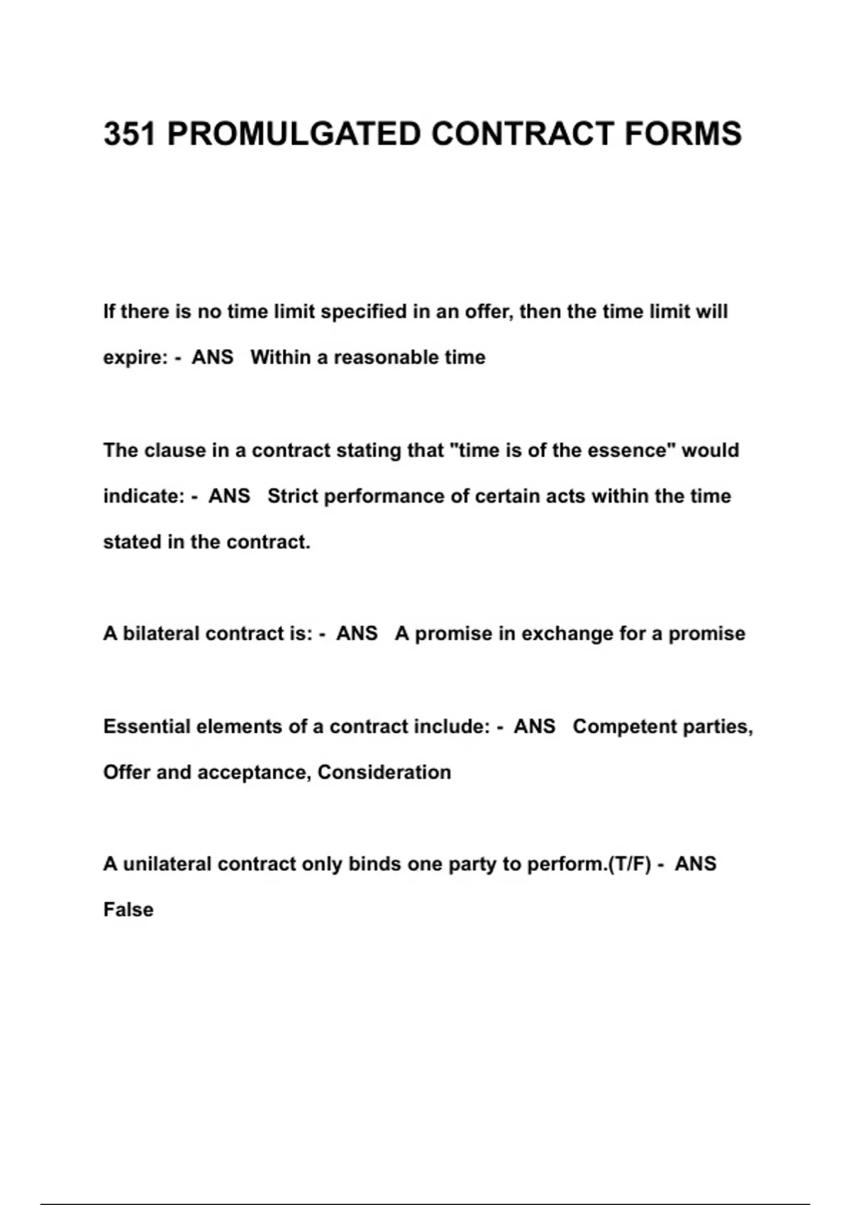 351 PROMULGATED CONTRACT FORMS QUESTIONS & ANSWERS 2023 ( A+ GRADED 100 ...