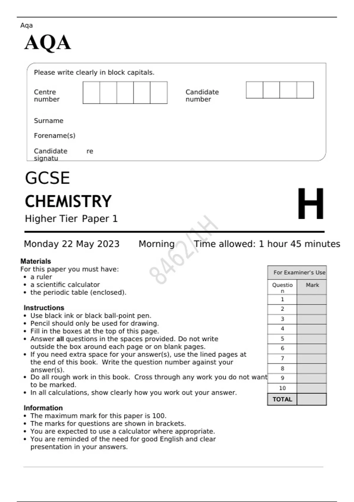 AQA GCSE CHEMISTRY Higher Tier Paper 1 June 2023 Question paper - GCSE ...