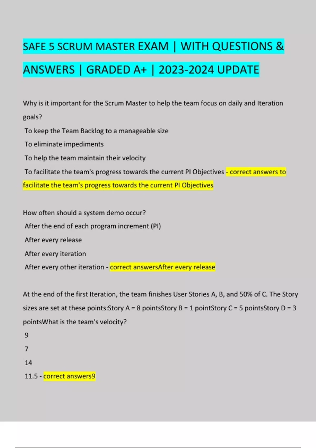 SAFE 5 SCRUM MASTER EXAM | WITH QUESTIONS & ANSWERS | GRADED A+ ...