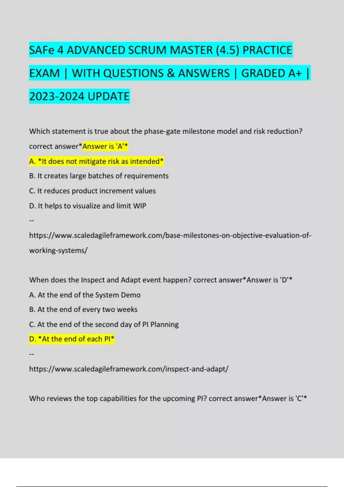 SAFe 4 ADVANCED SCRUM MASTER (4.5) PRACTICE EXAM | WITH QUESTIONS ...