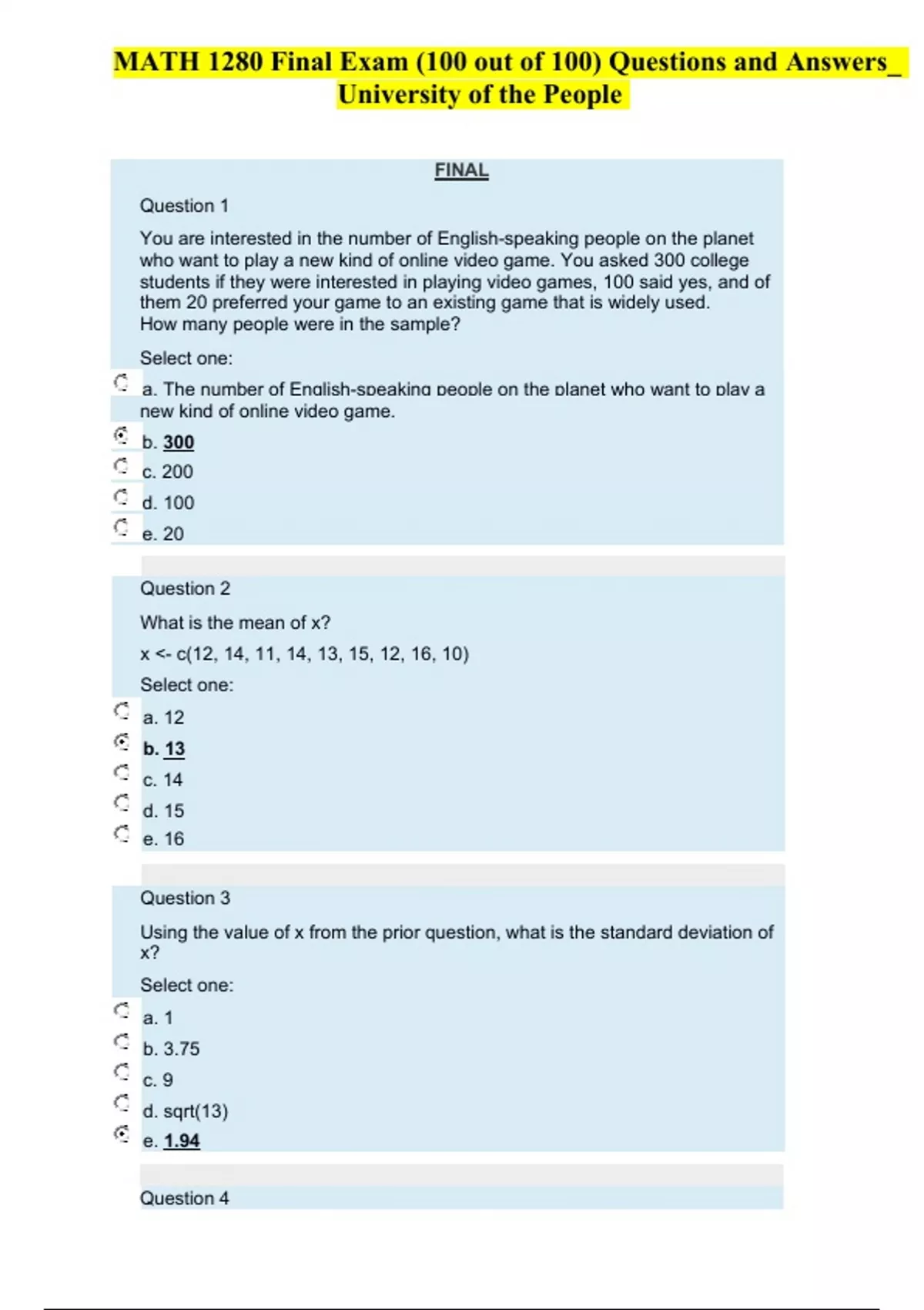 MATH 1280 Final Exam Questions and Answers (100 out of 100) latest 2023 ...