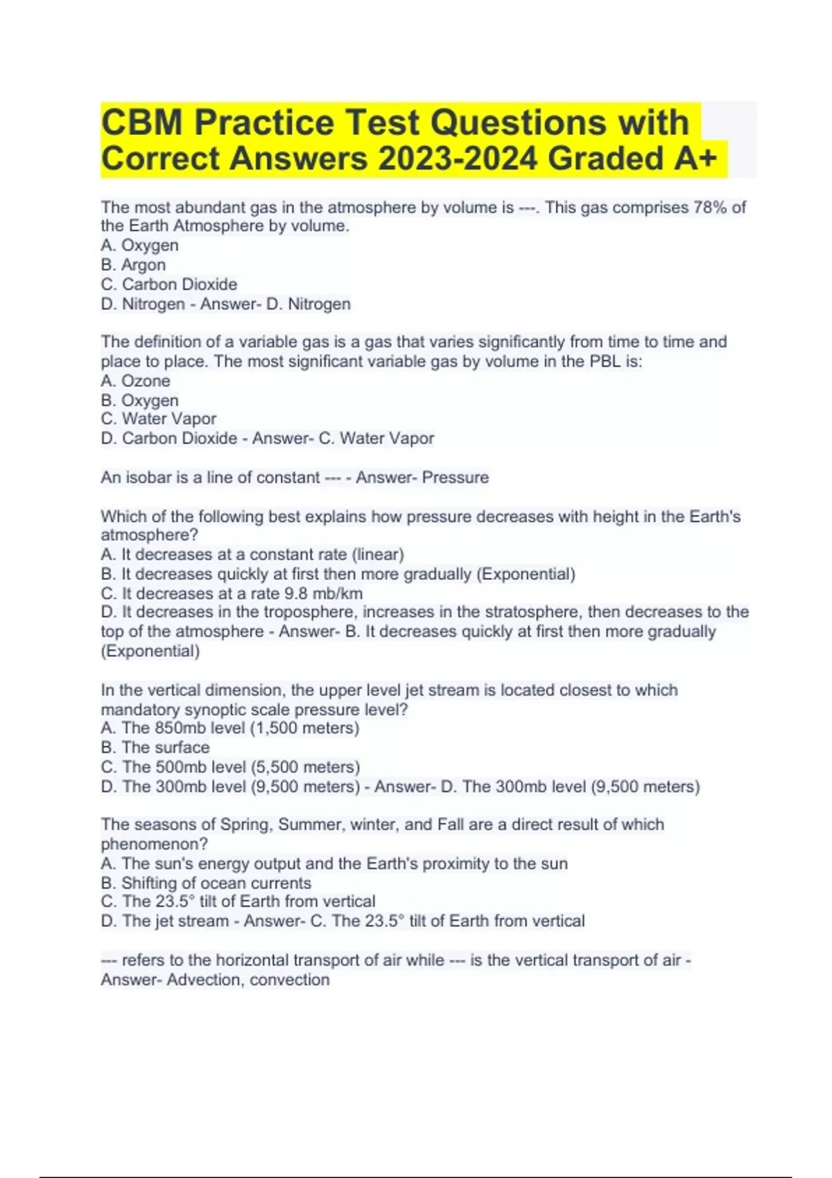 CBM Exam Practice Questions with 100% Correct Answers Graded A+ - Stuvia US
