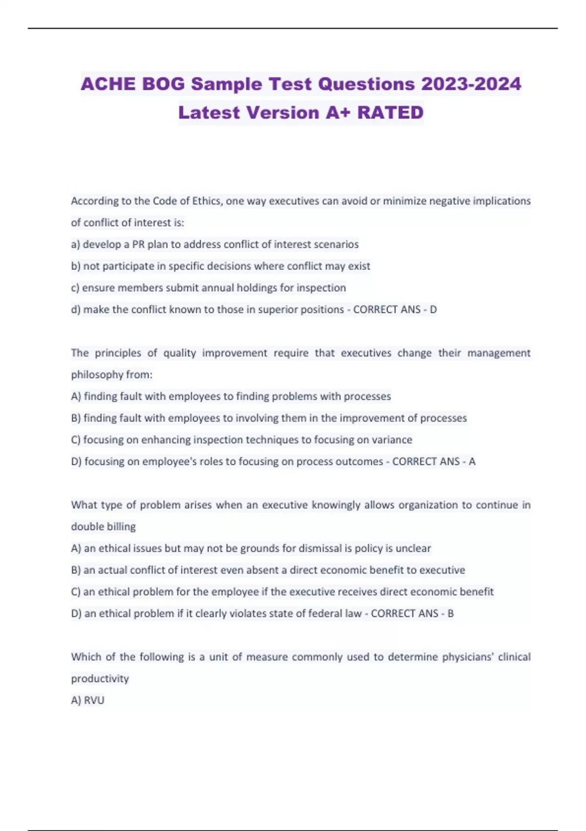 ACHE BOG Sample Test Questions Latest Version A+ RATED - Ache - Stuvia US