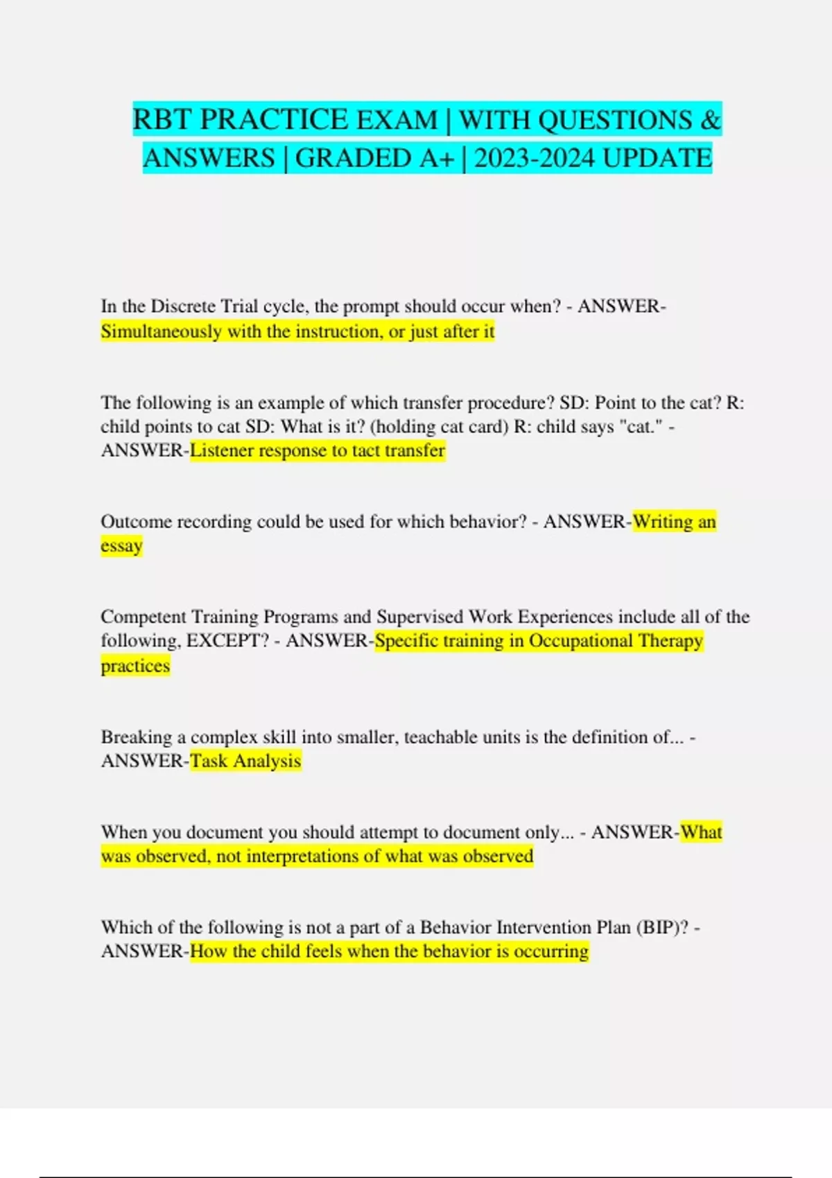 RBT PRACTICE EXAM | WITH QUESTIONS & ANSWERS | GRADED A+ | UPDATE - RBT ...