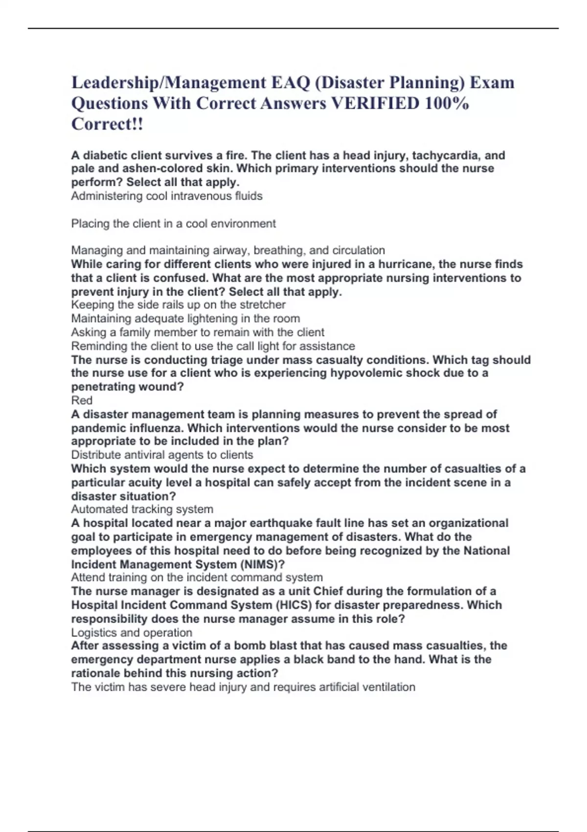 Leadership/Management EAQ (Disaster Planning) Exam Questions With ...