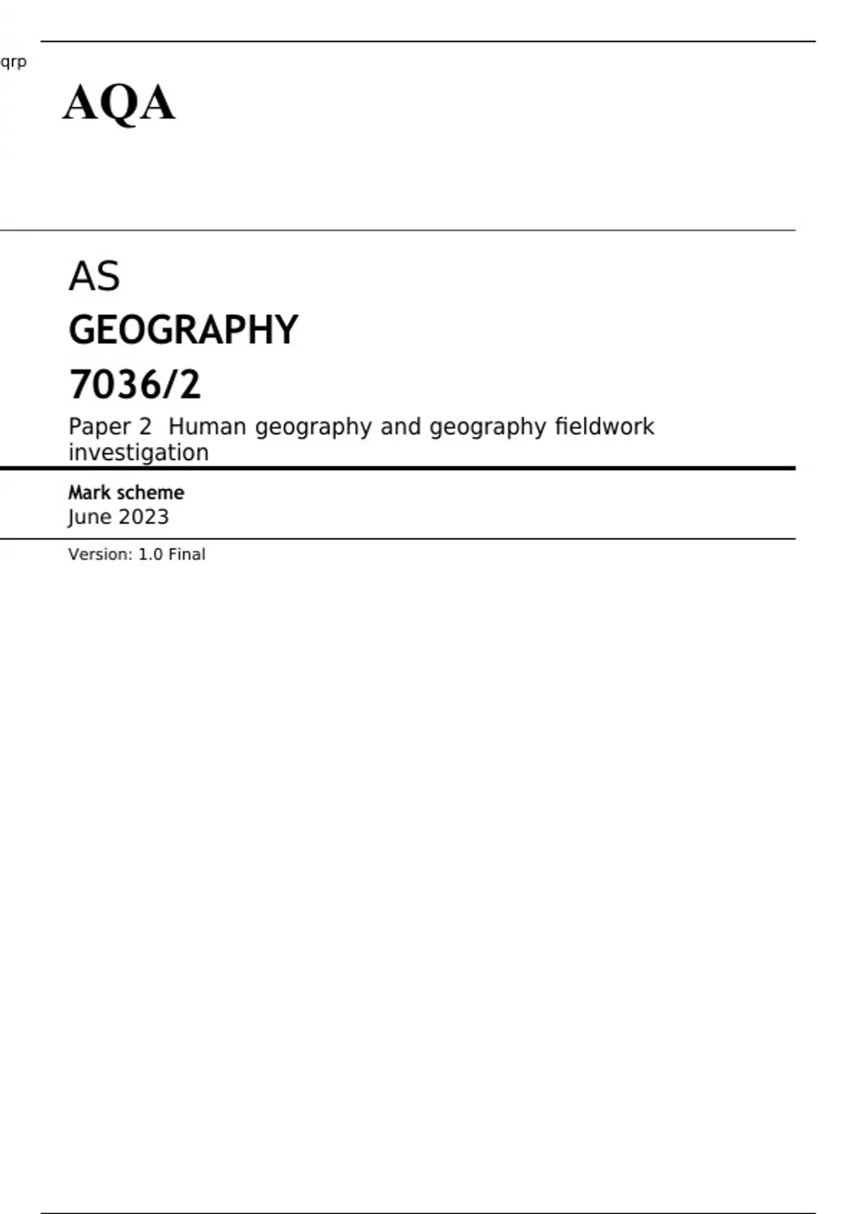 AQA AS GEOGRAPHY Paper 1 JUNE 2023 QUESTION PAPERS and MARK SCHEMES ...