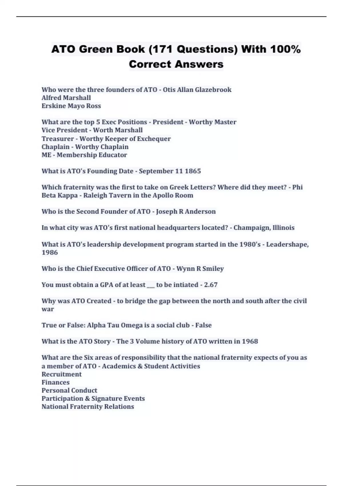 ATO Green Book (171 Questions) With 100% Correct Answers - ATO - Stuvia US