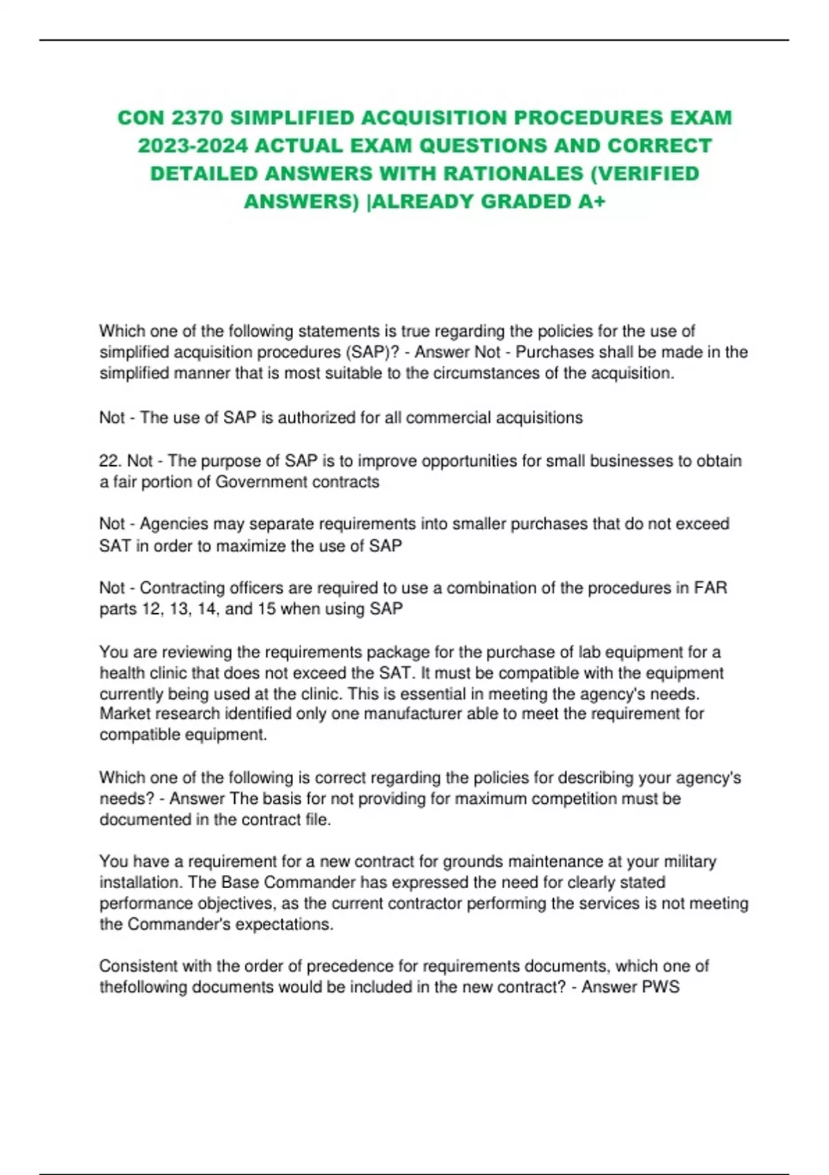 CON 2370 SIMPLIFIED ACQUISITION PROCEDURES EXAM ACTUAL EXAM QUESTIONS ...