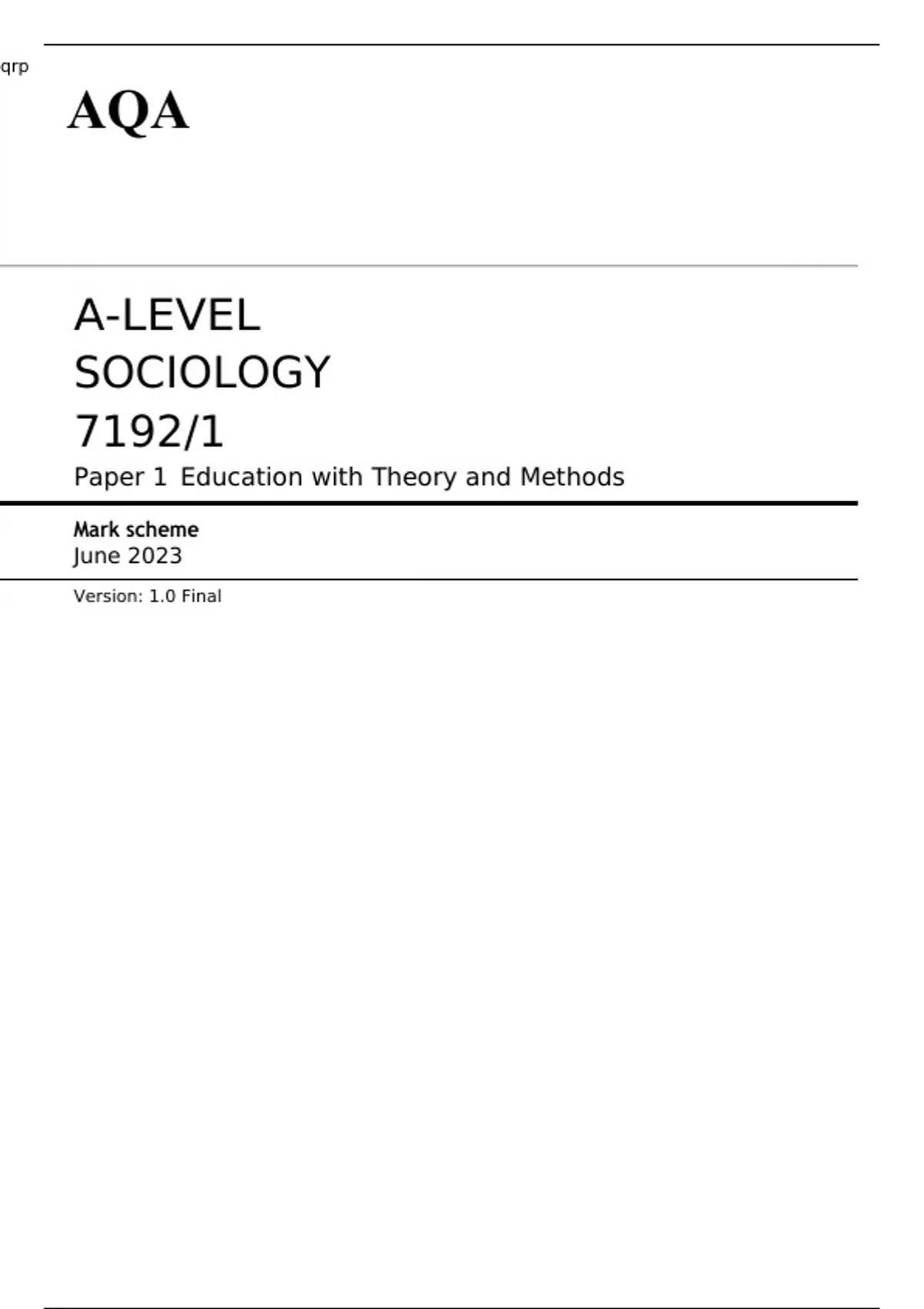AQA A-level SOCIOLOGY Paper 1 JUNE 2023 MARK SCHEME: Education with ...