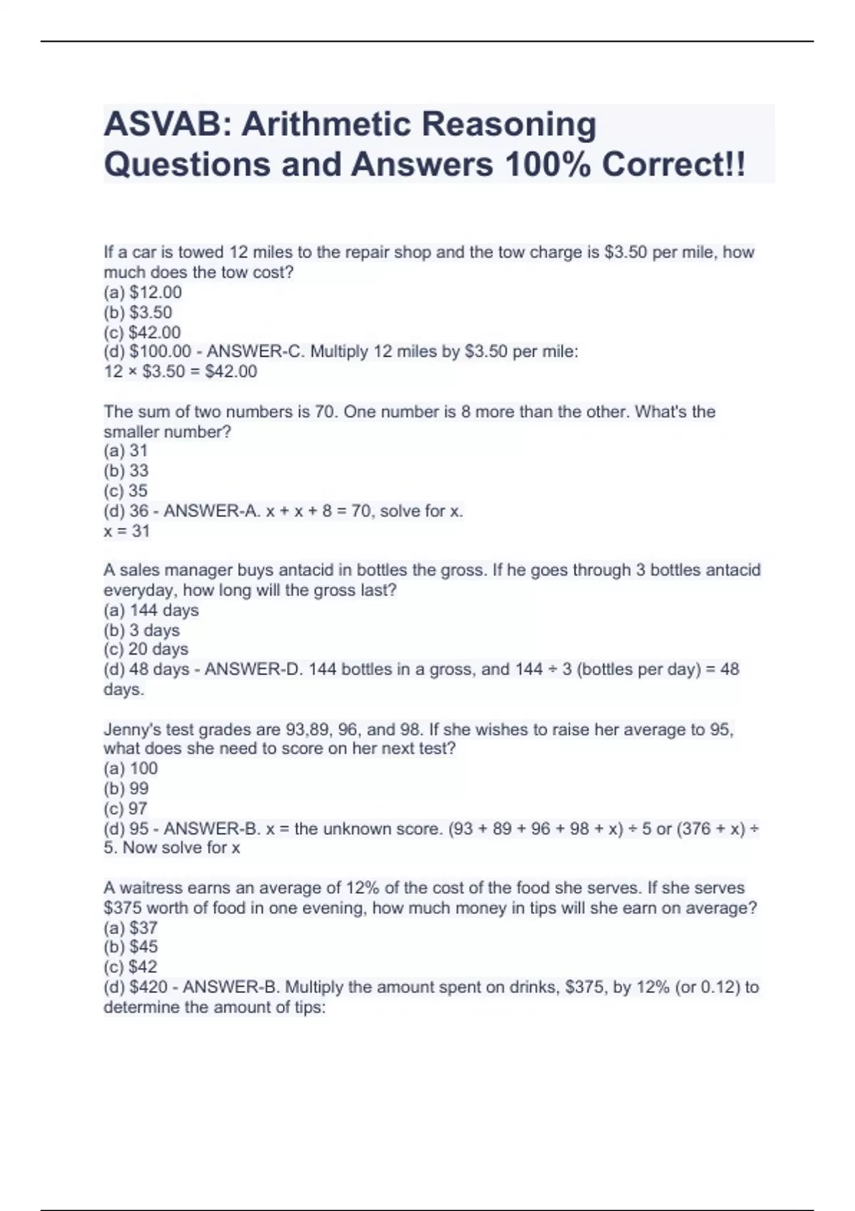 ASVAB: Arithmetic Reasoning Questions and Answers 100% Correct ...