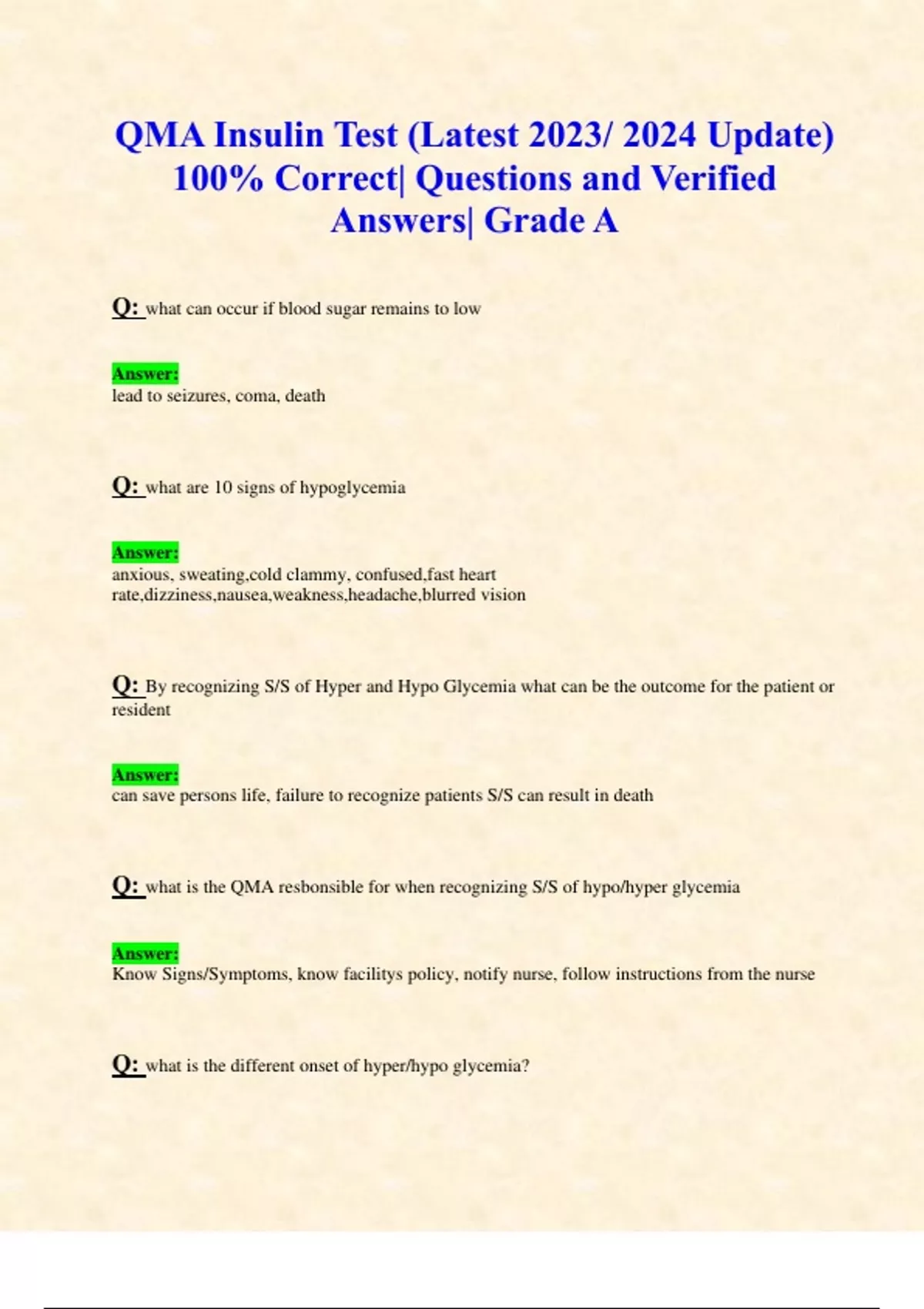 QMA Insulin Test (Latest 2023/ 2024 Update) 100% Correct| Questions and ...