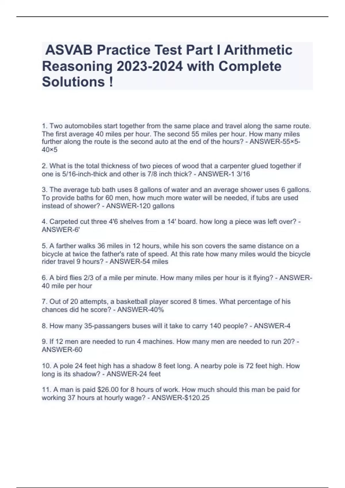 ASVAB Practice Test Part I Arithmetic Reasoning with Complete Solutions ...