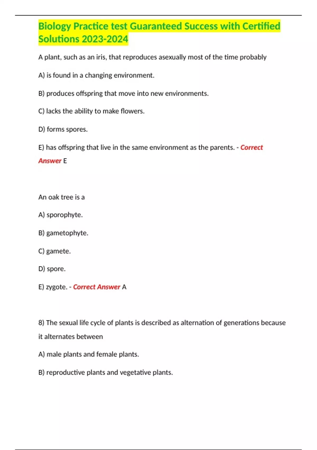 Biology Practice test Guaranteed Success with Certified Solutions ...