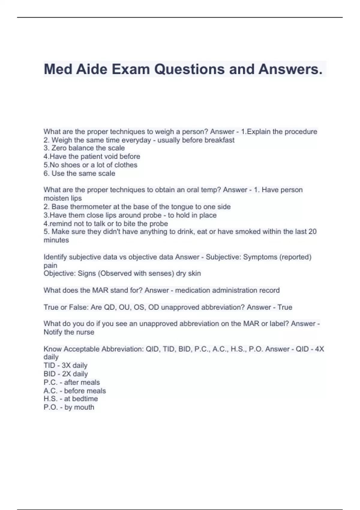 Med Aide Exam Questions and Answers. - Med Aide - Stuvia US