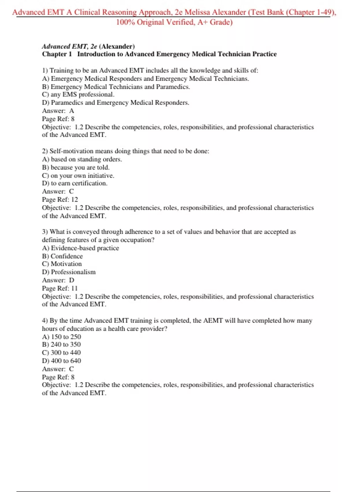 Test Bank For Advanced EMT A Clinical Reasoning Approach 2nd Edition By ...