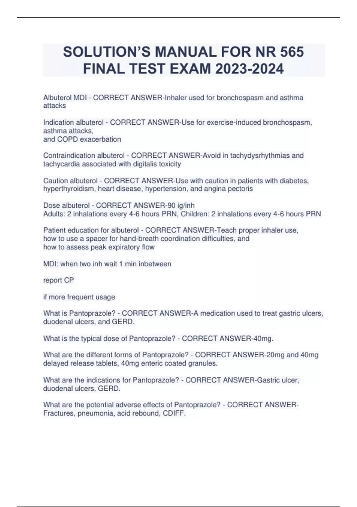 Package deal for SOLUTION’S MANUAL FOR NR 565 FINAL TEST EXAM - Stuvia US