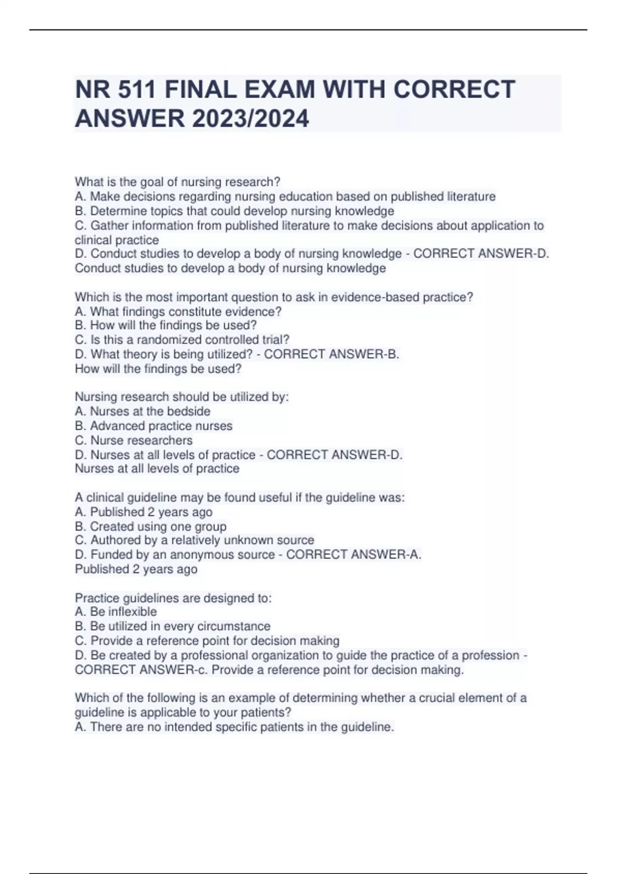 NR 511 FINAL EXAM WITH CORRECT ANSWER 2023/2024 - NR 511 - Stuvia US